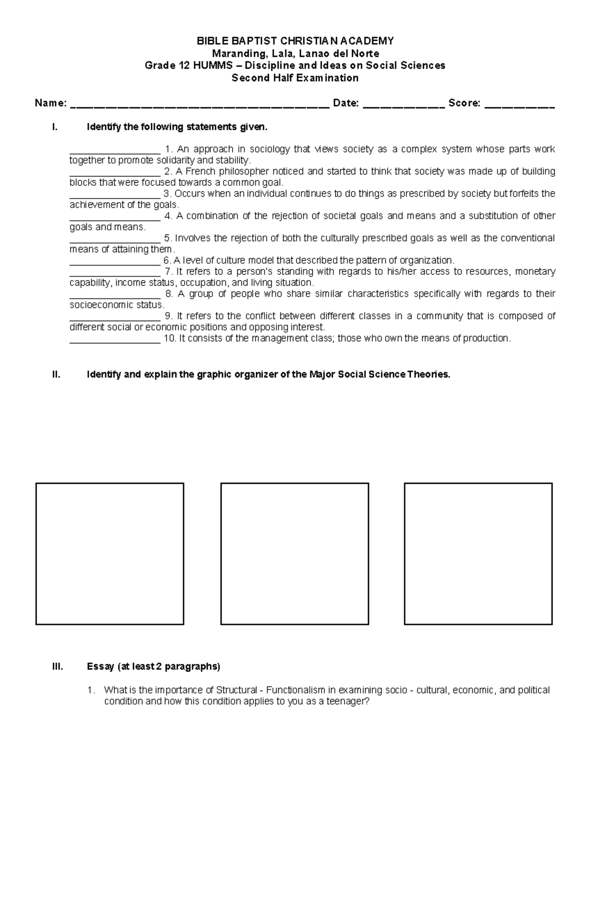 1Q Second Half Exam - nrtur,u tfy, ityf,ifi - BIBLE BAPTIST CHRISTIAN ...