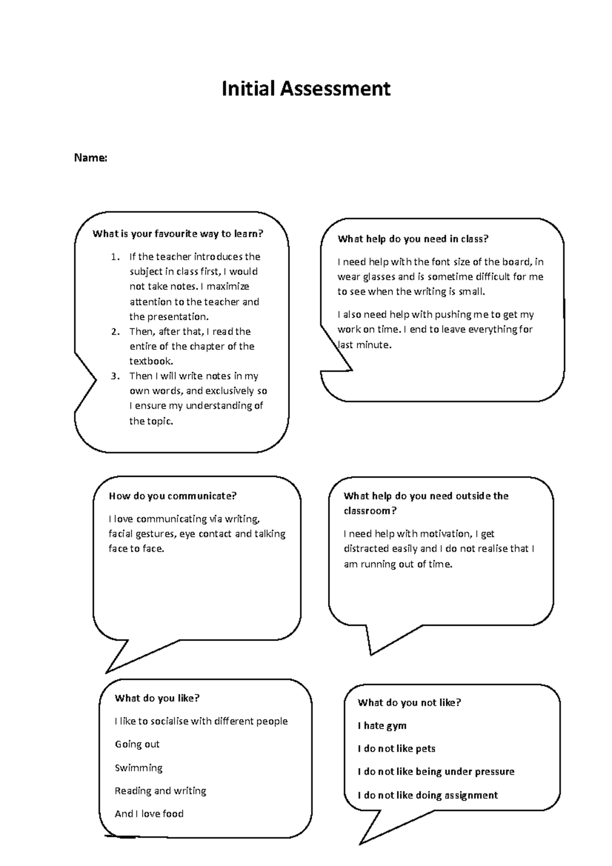 Initial Assessment health and social care - Initial Assessment Name ...
