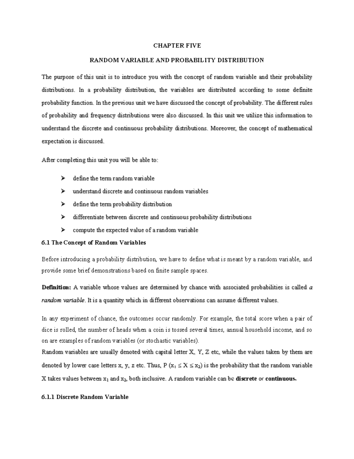 Chapter five - Stat - CHAPTER FIVE RANDOM VARIABLE AND PROBABILITY DISTRIBUTION The purpose of ...