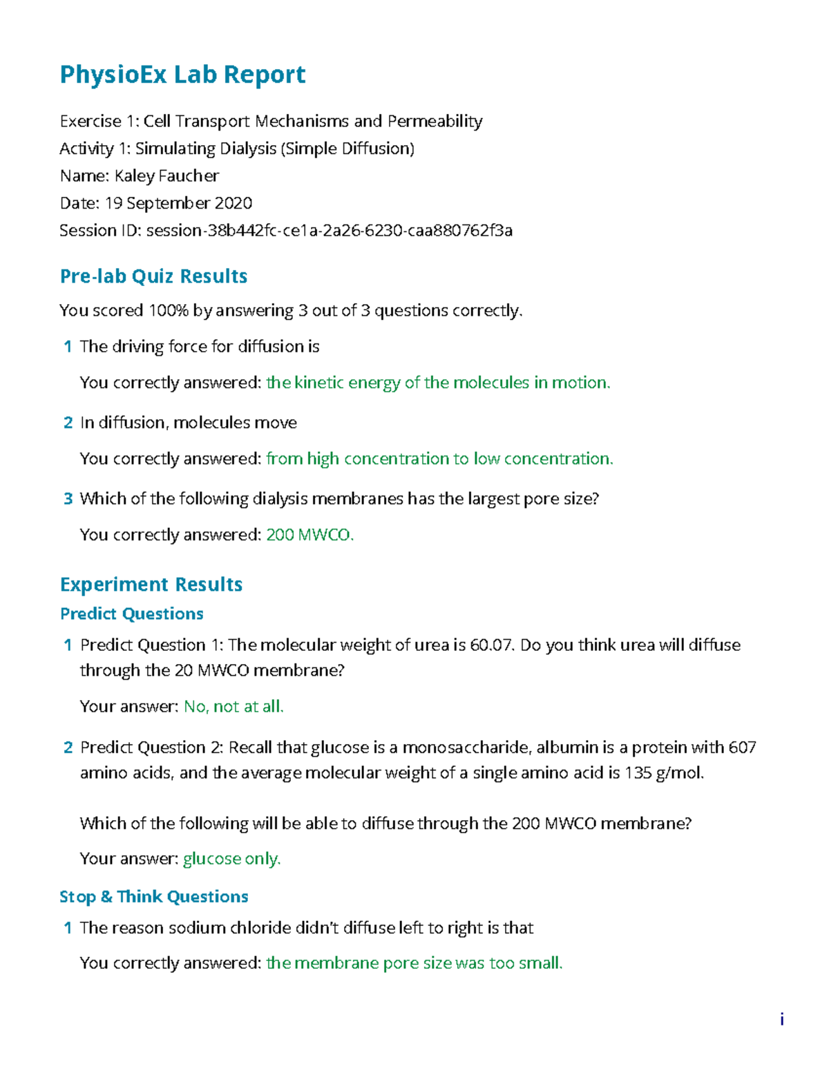 PhysioEx Lab 1 Excercise 1 - PhysioEx Lab Report Exercise 1: Cell ...