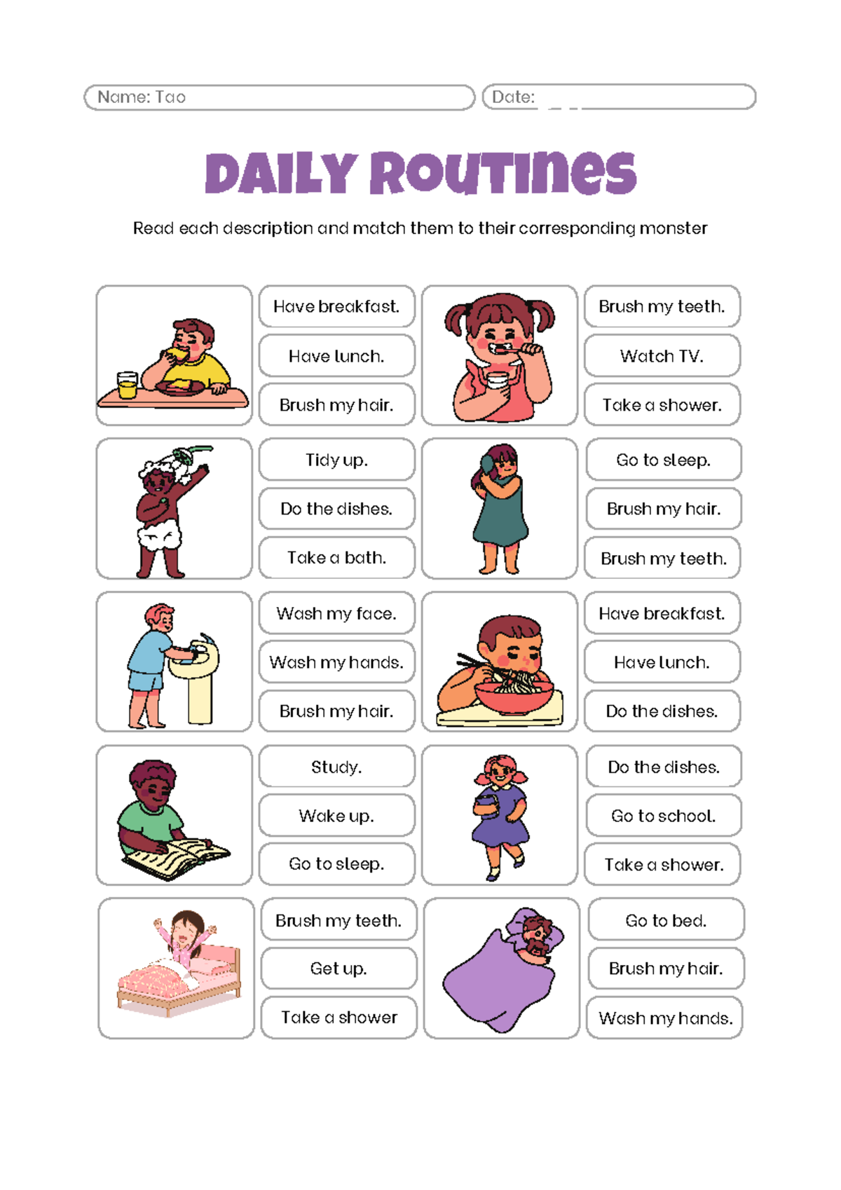 Unit 7 Review - daily routines Name: Tao Date: English Read each ...