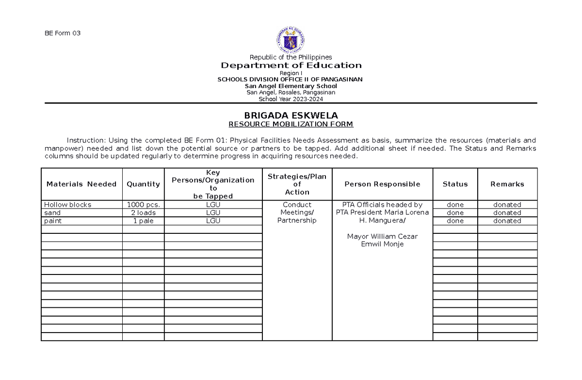 BE Form 3 Resource Mobilization FORM 1 - BE Form 03 Republic of the ...