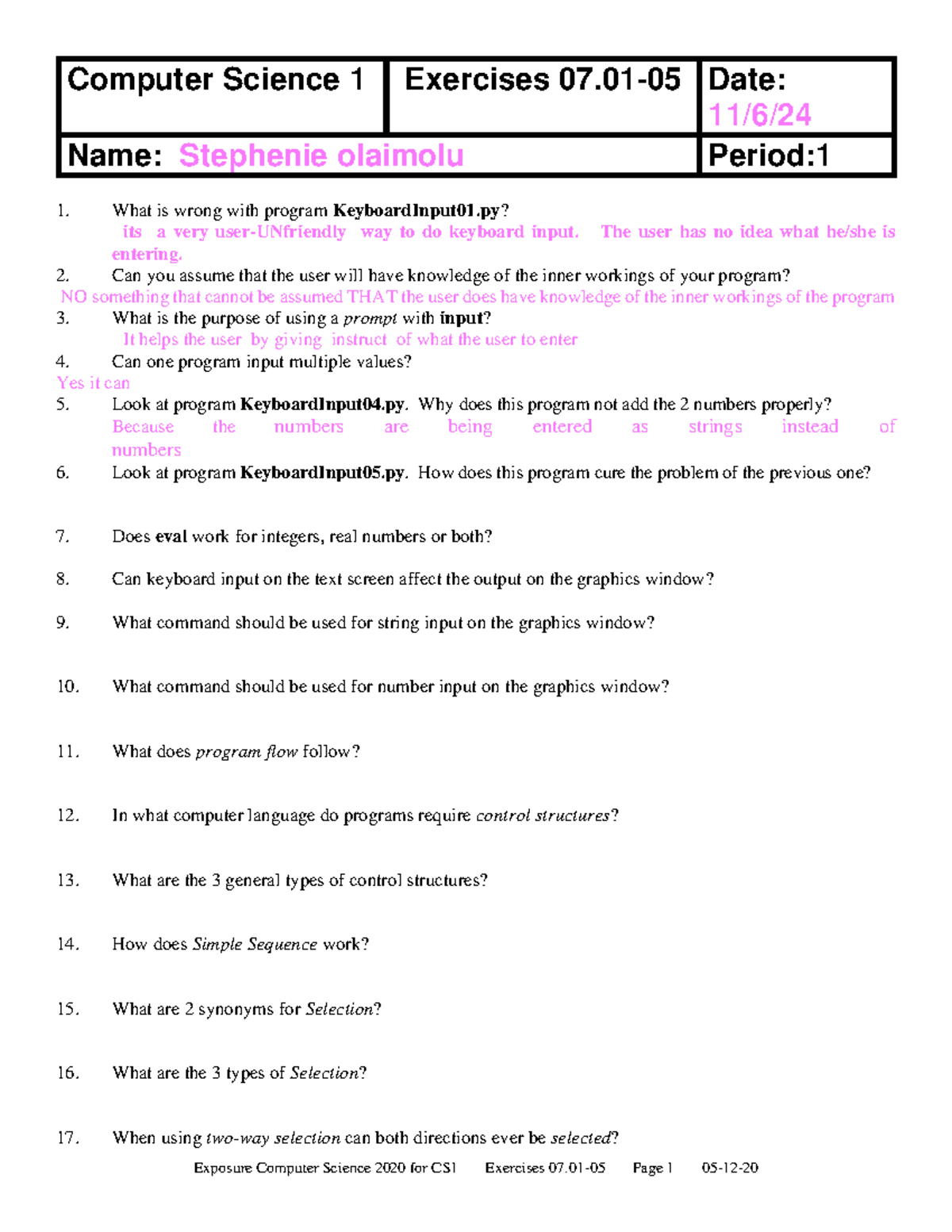 Exercises 07 - need help - Exposure Computer Science 2020 for CS1 ...