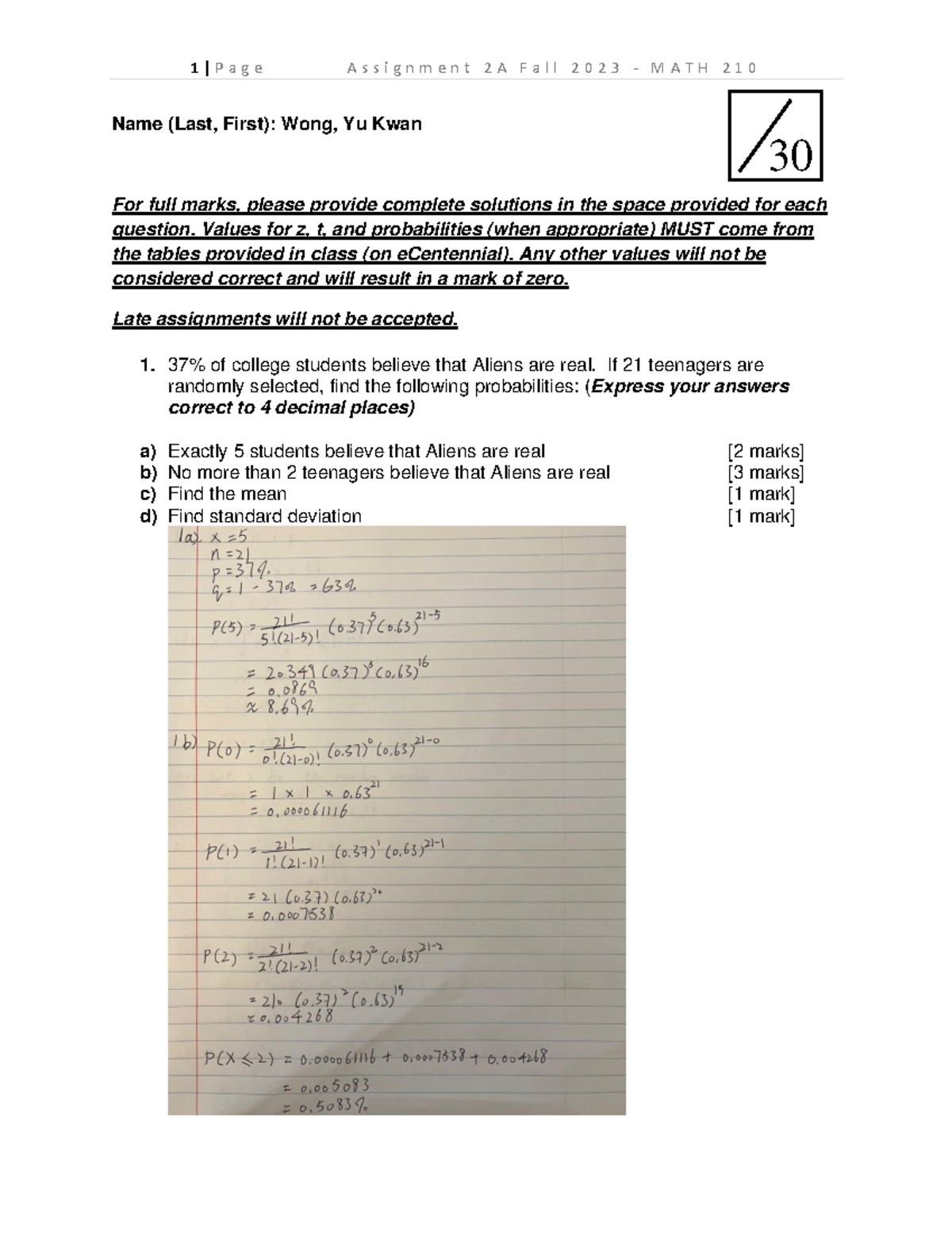 Math 210 - Assignment 2A - Statistics - 30 Name (Last, First): Wong, Yu ...