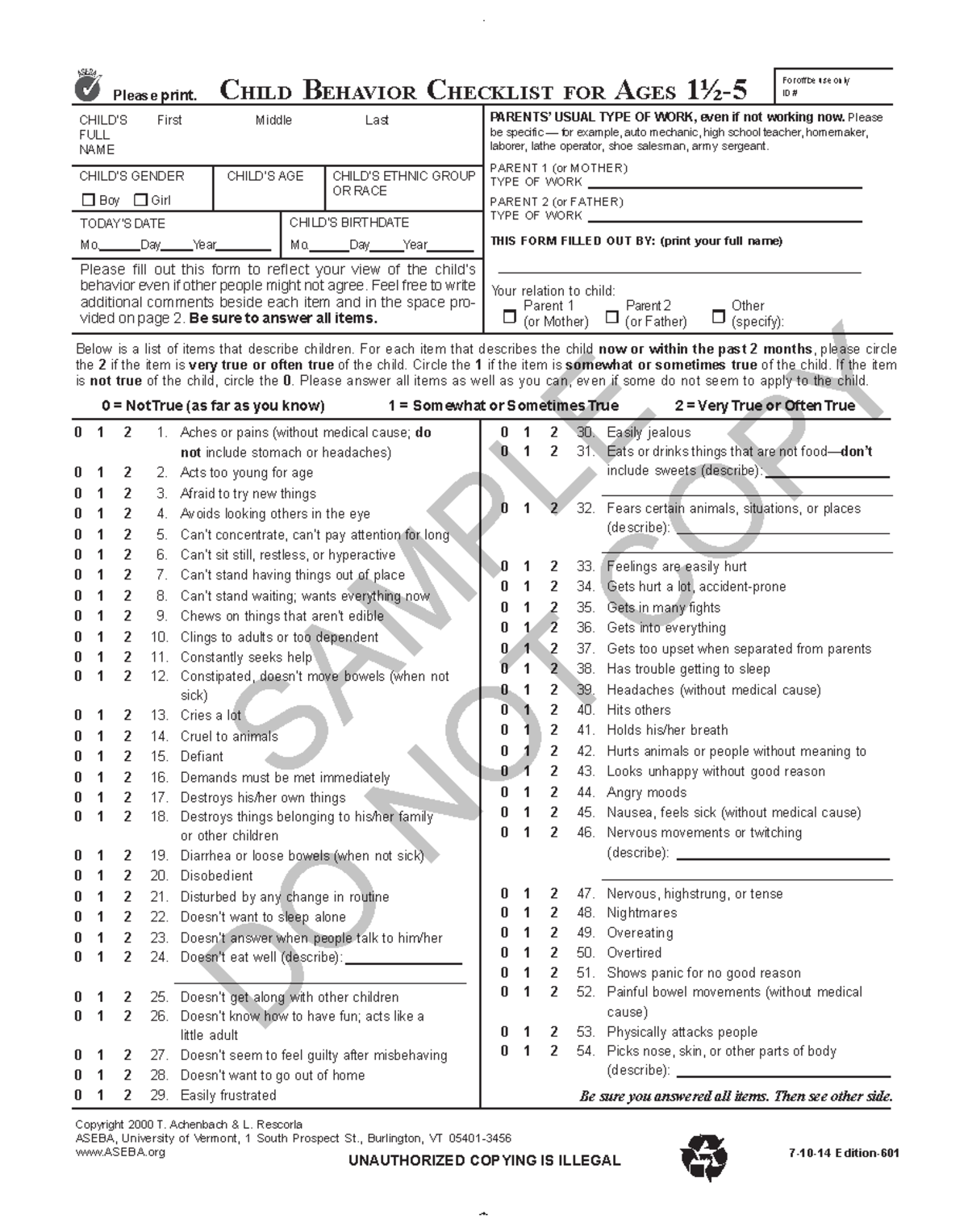 Child Behavior Checklist - For office use only ID CHILD’S First Middle ...