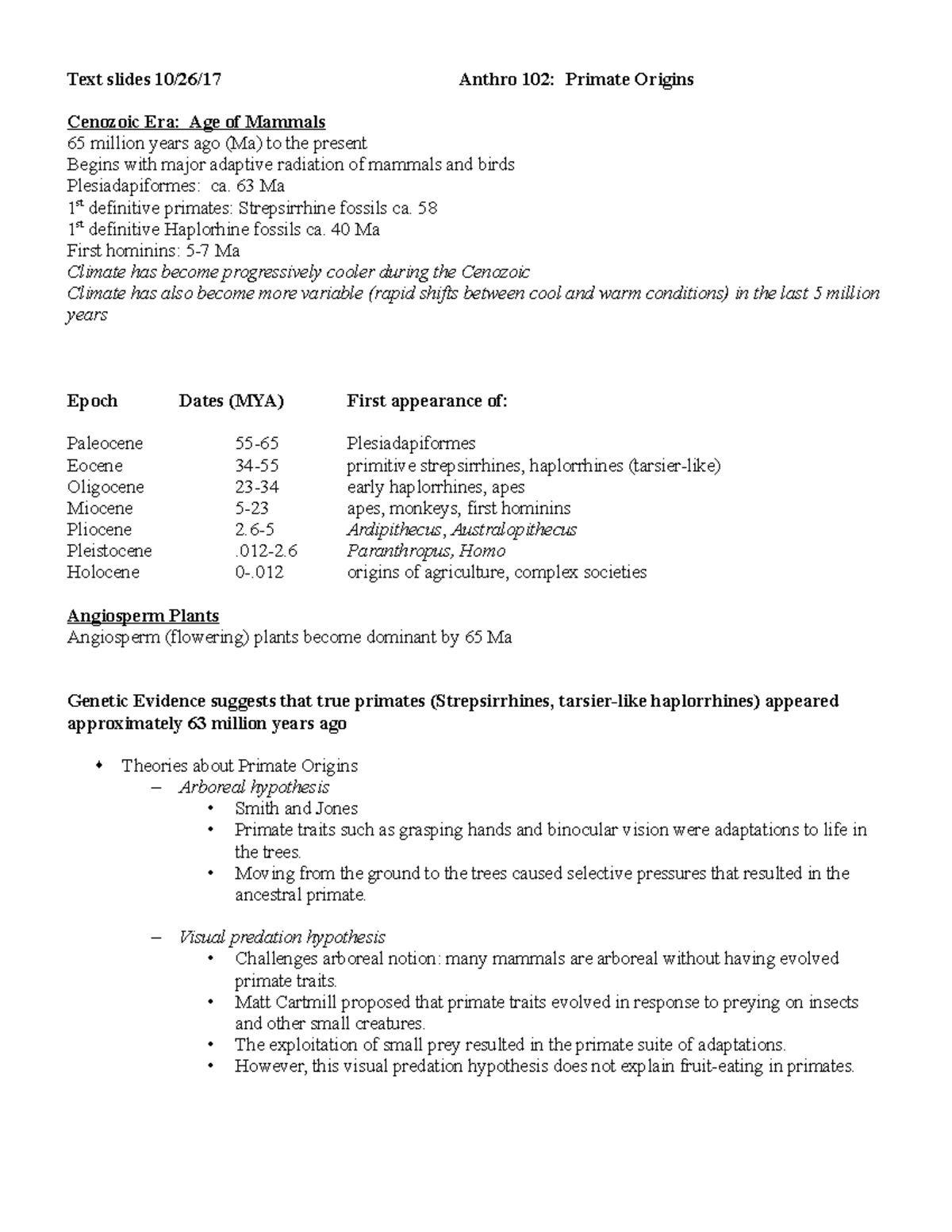 Lecture 14 - Text slides 10/26/17 Anthro 102: Primate Origins Cenozoic ...