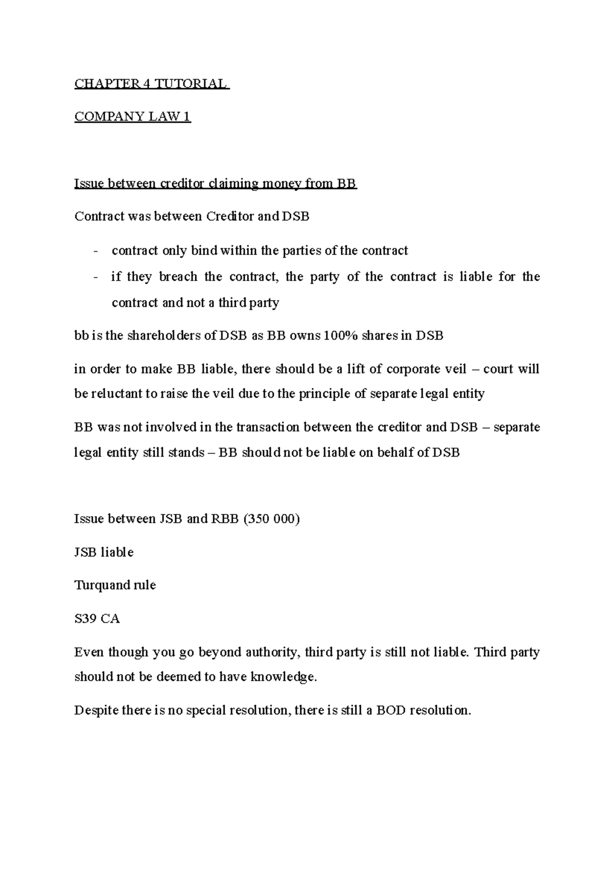 Chapter 4 Tutorial - CHAPTER 4 TUTORIAL COMPANY LAW 1 Issue between creditor claiming money from ...