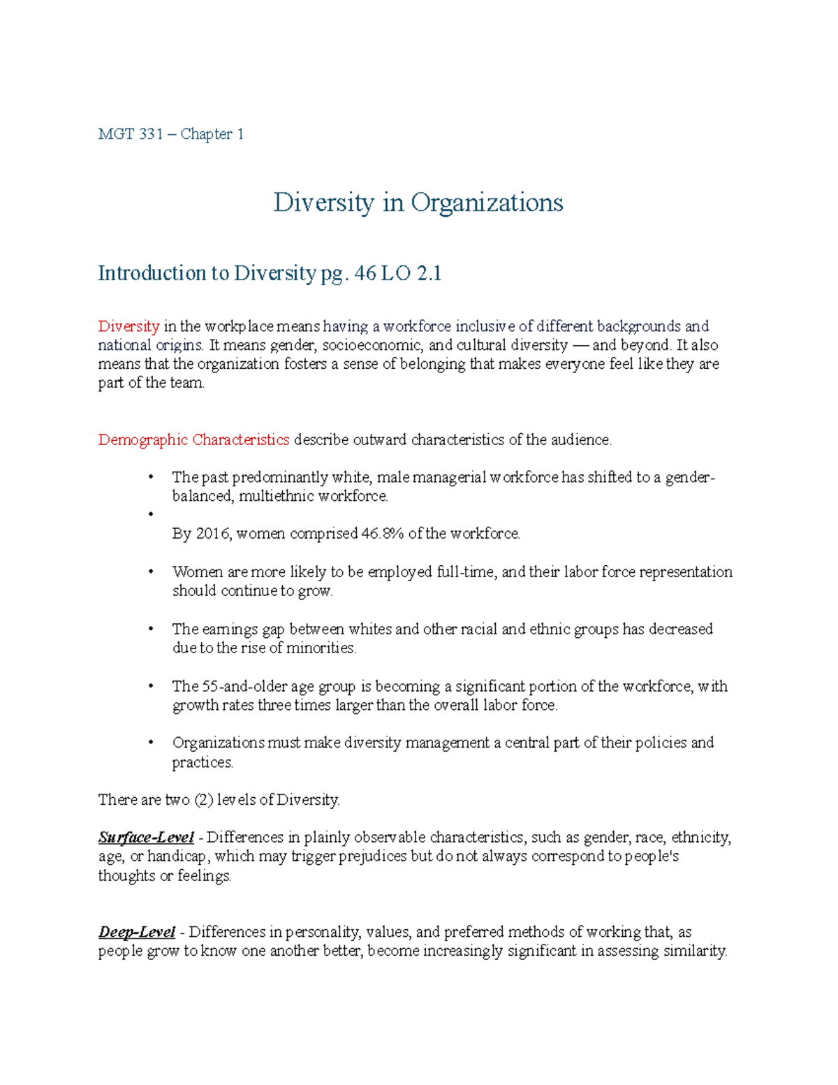 MGT 331 - Chapter 2 notes - MGT 331 – Chapter 1 Diversity in ...