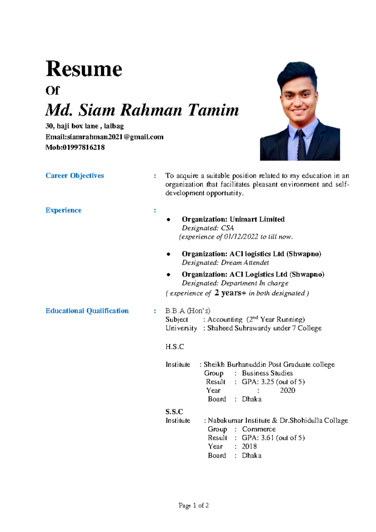 SIAM Rahman Tamim CV - Page 1 of 2 Resume Of Md. Siam Rahman Tamim 30, haji box lane , lalbag ...