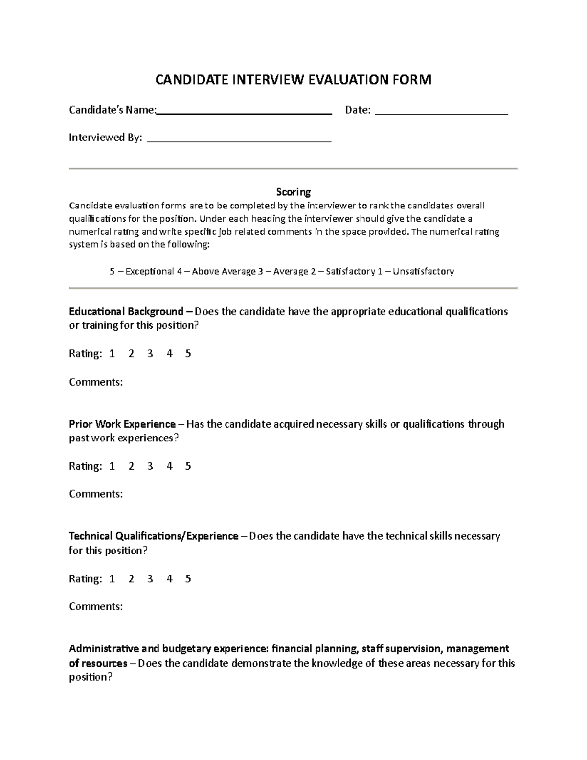 Candidate interview evaluation - CANDIDATE INTERVIEW EVALUATION FORM ...
