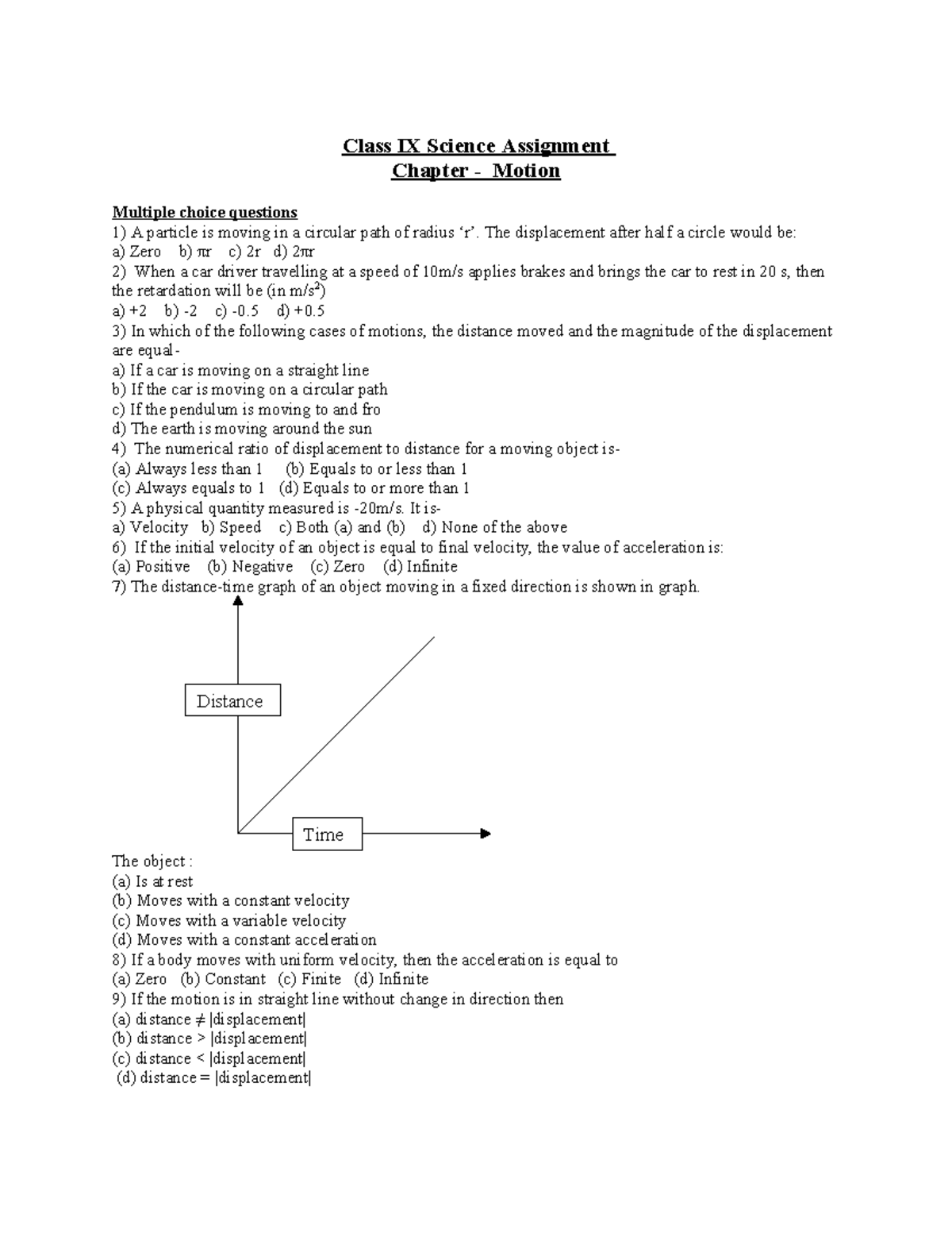Class IX Science Assignment on L-Motion - Time Distance Class IX ...