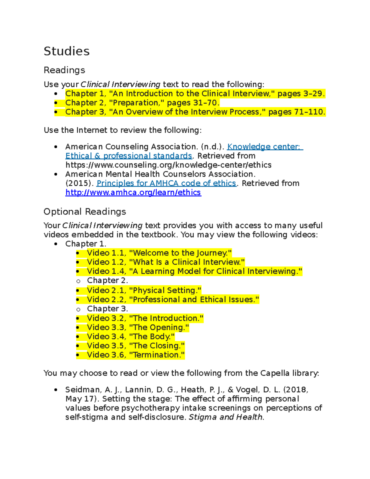 UNIT 1 NOTES INTAKE - Studies Readings Use your Clinical Interviewing ...