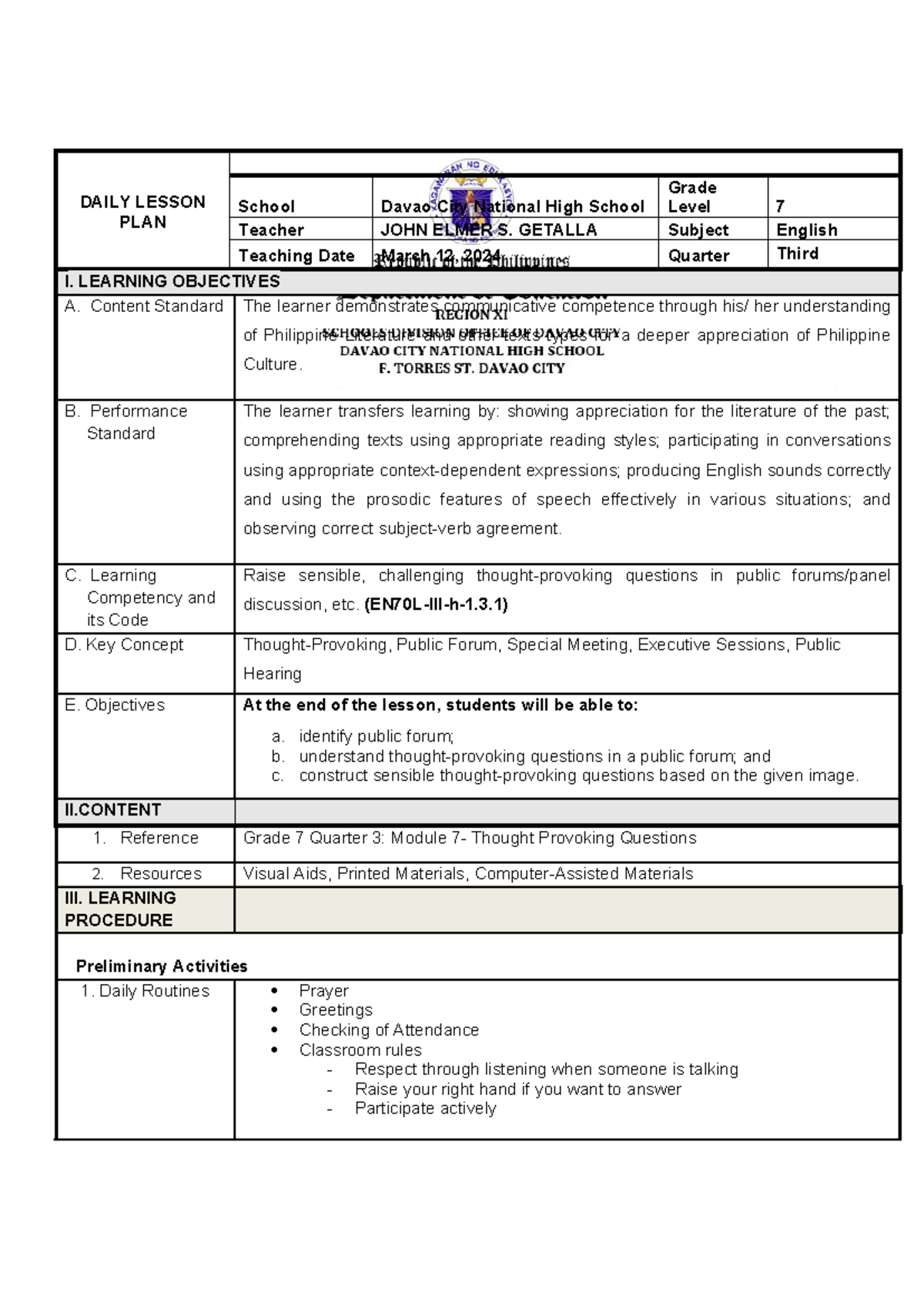 Lesson Plan Quarter 3- Module 7; Thought Provoking Questions - DAILY ...