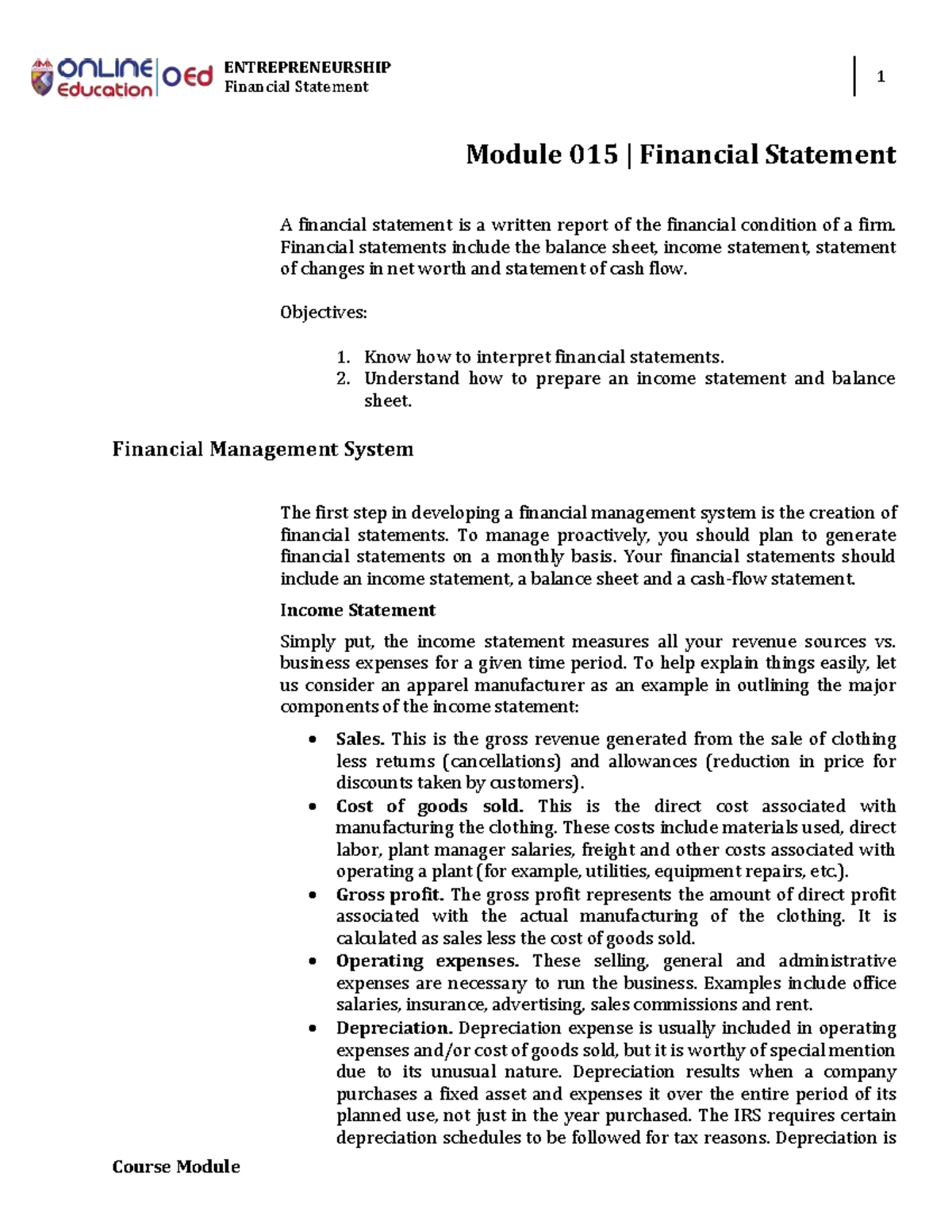 Week 018-019 -Module Financial Statement - ENTREPRENEURSHIP Financial Statement 1 Course Module ...