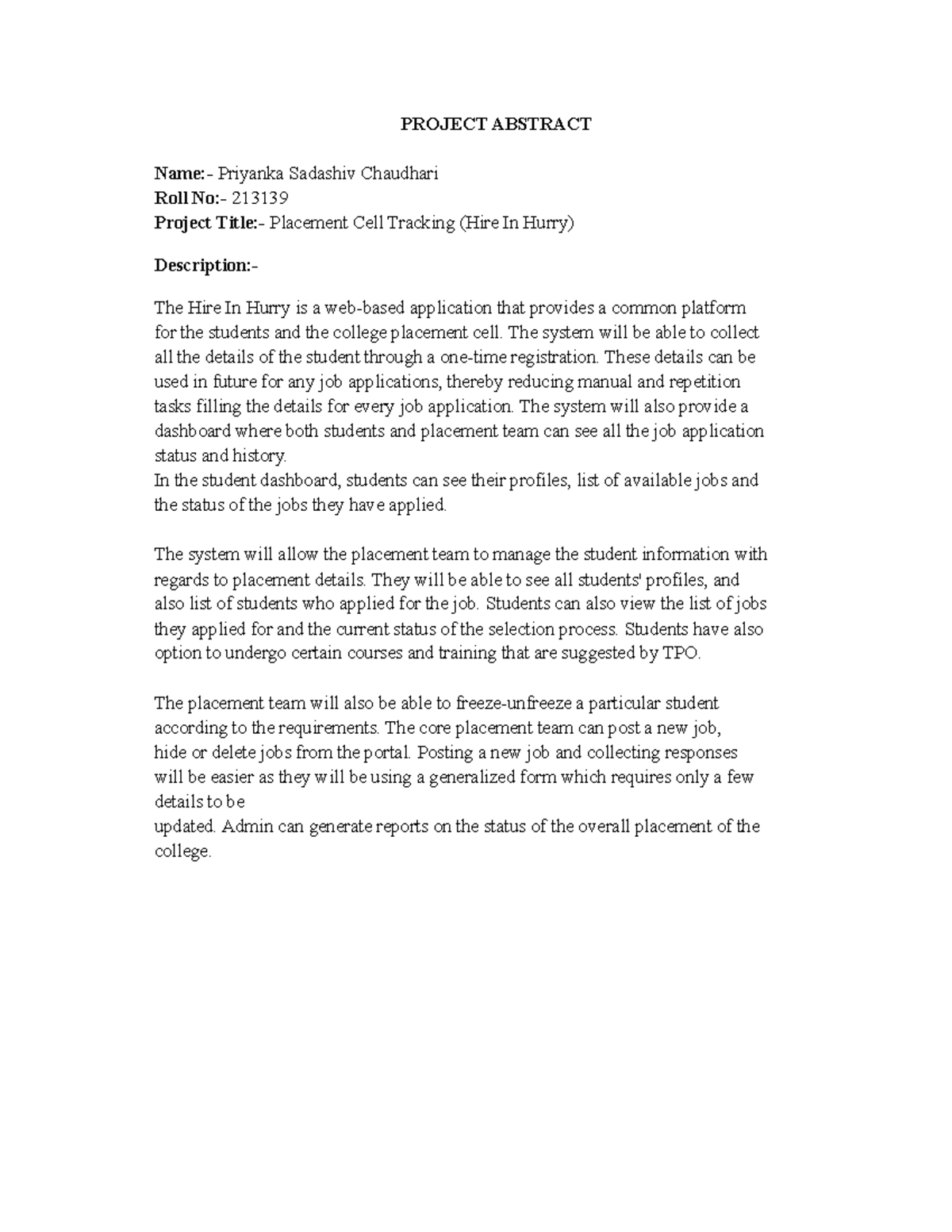 project Placement - PROJECT ABSTRACT Name:- Priyanka Sadashiv Chaudhari ...