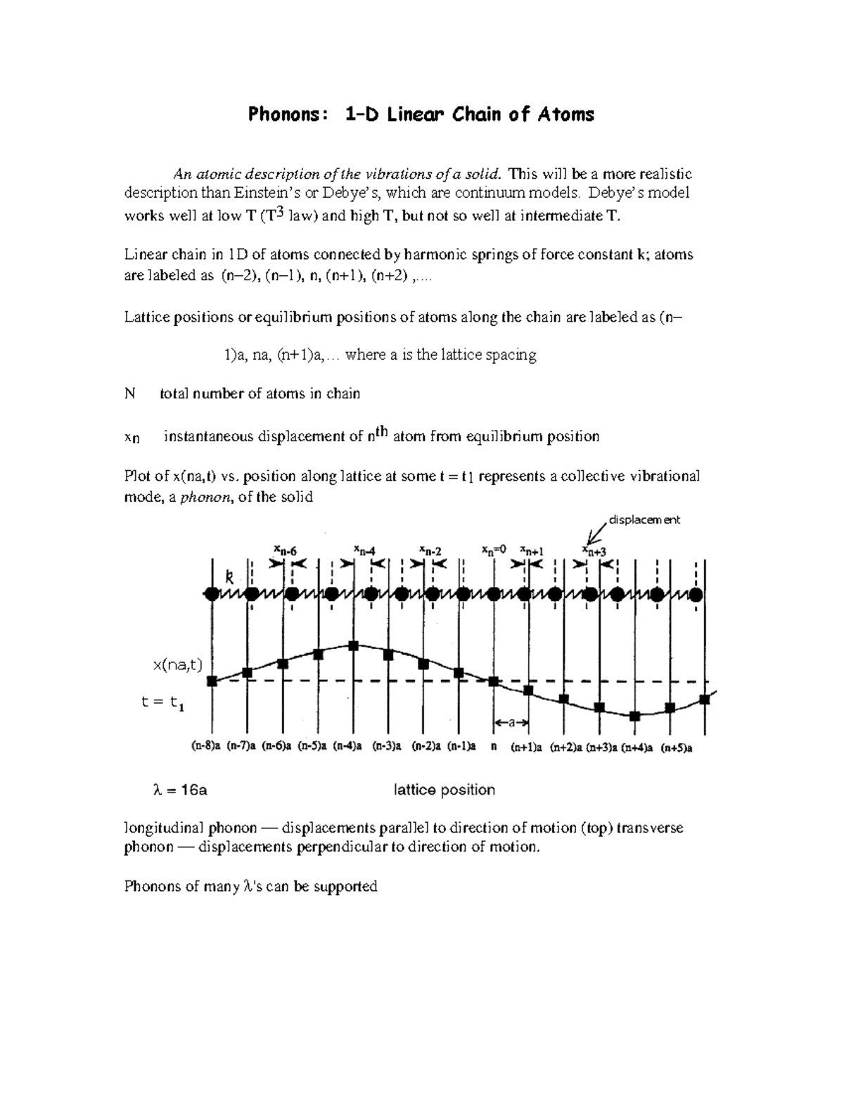 Phonons 1-D linear chain of atoms - x(na,t) t = t 1 Phonons: 1 – D ...