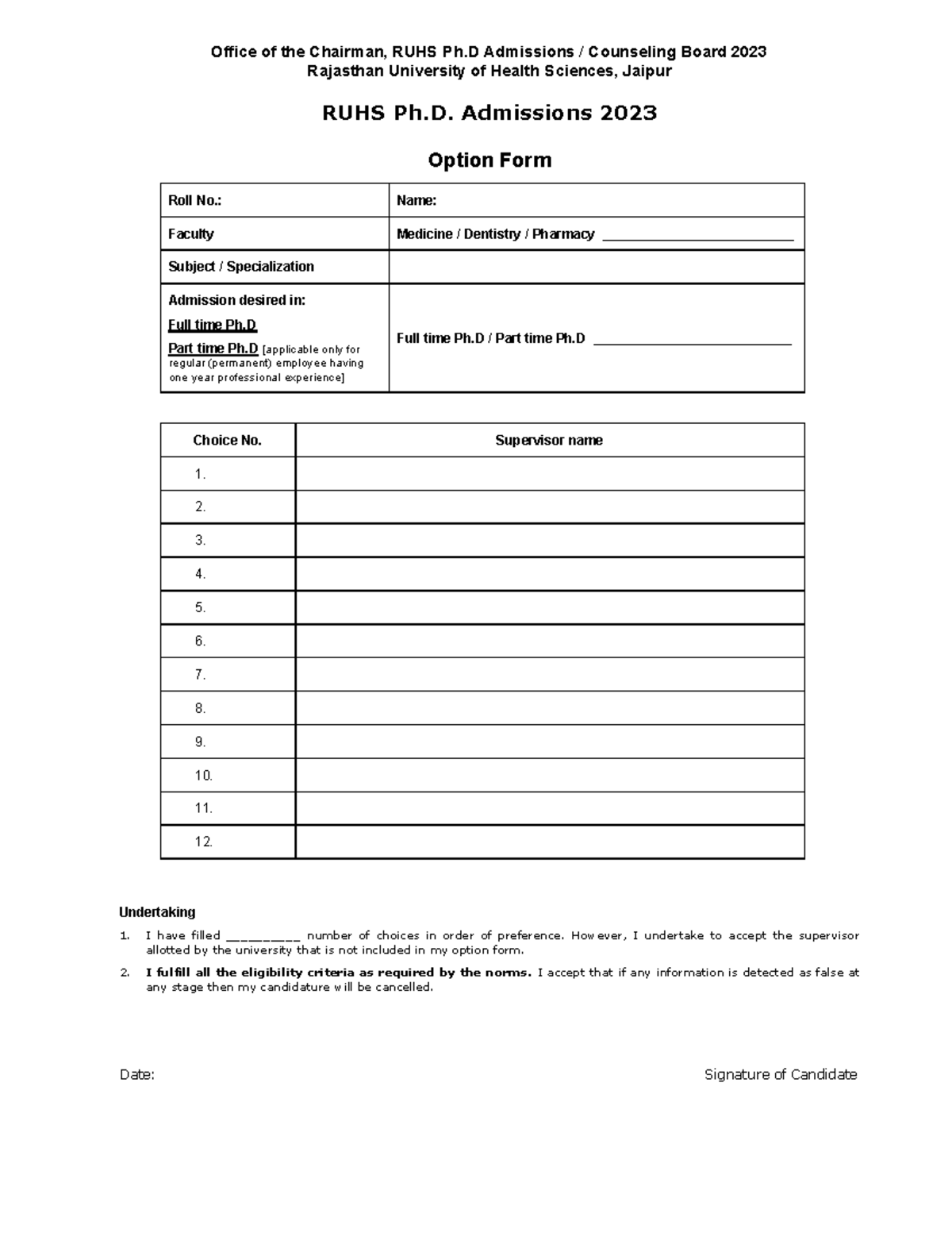 Optionform phd 2023 - options form for selection choices of course to ...
