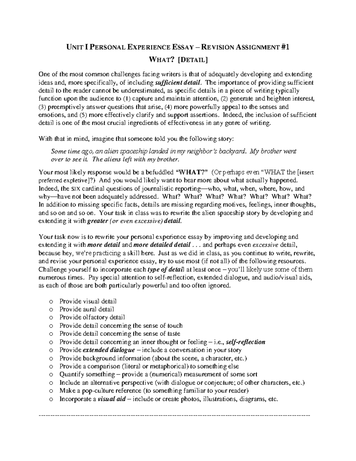 Revision 1 What - Detail Instructions - UNIT I PERSONAL EXPERIENCE ...