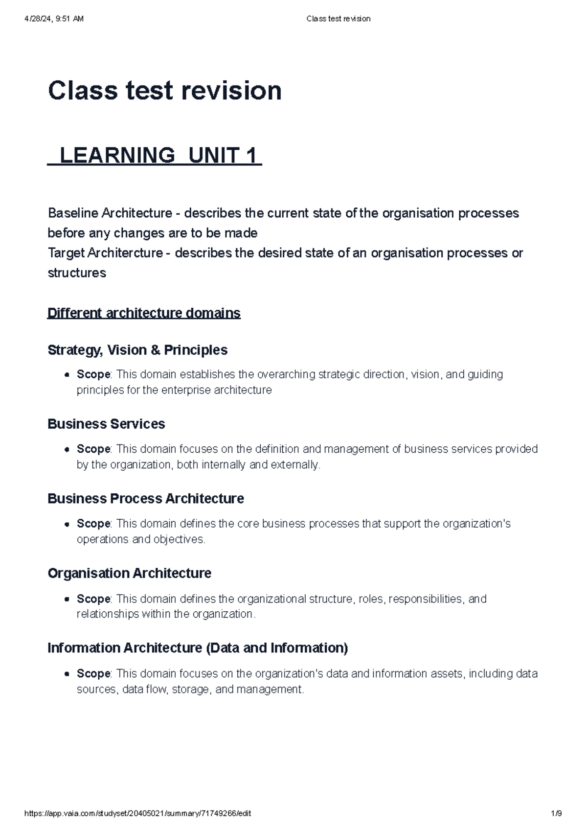 Class test revision 1 - Summary Information Systems 2A - Class test ...