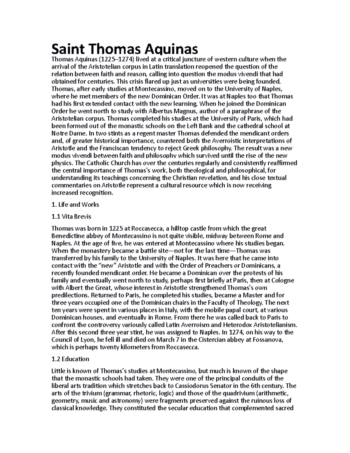 Lecture in Saint Thomas Aquinas - Saint Thomas Aquinas Thomas Aquinas ...