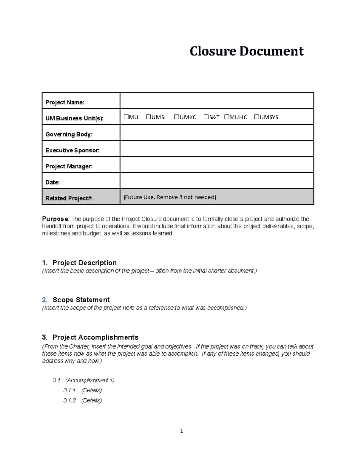 Project Closure Templatewdasde - Closure Document Project Name: UM ...