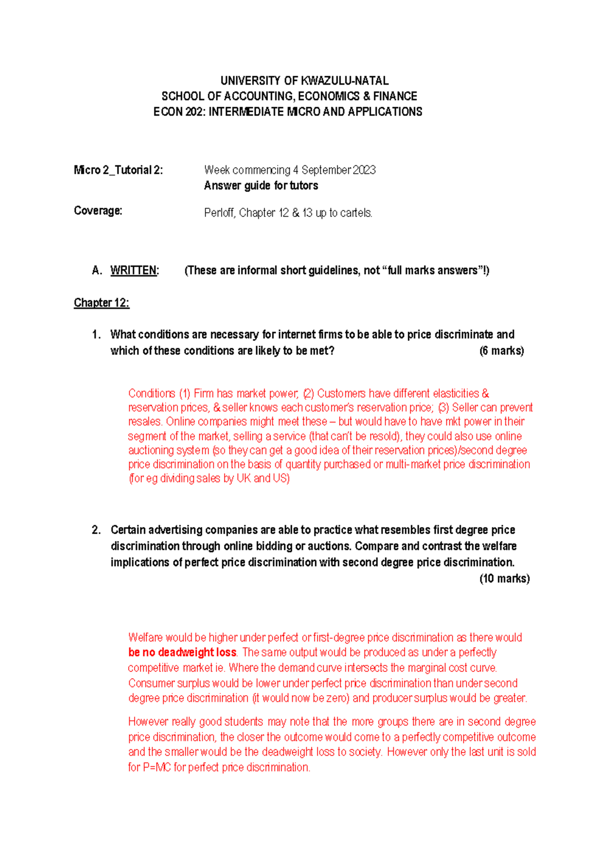 Memo Tutorial 6 - UNIVERSITY OF KWAZULU-NATAL SCHOOL OF ACCOUNTING, ECONOMICS & FINANCE ECON ...