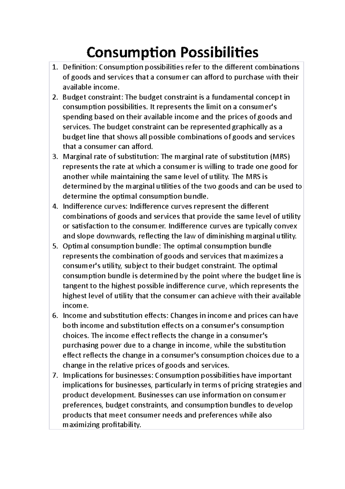 Consumption Possibilities - Budget constraint: The budget constraint is ...