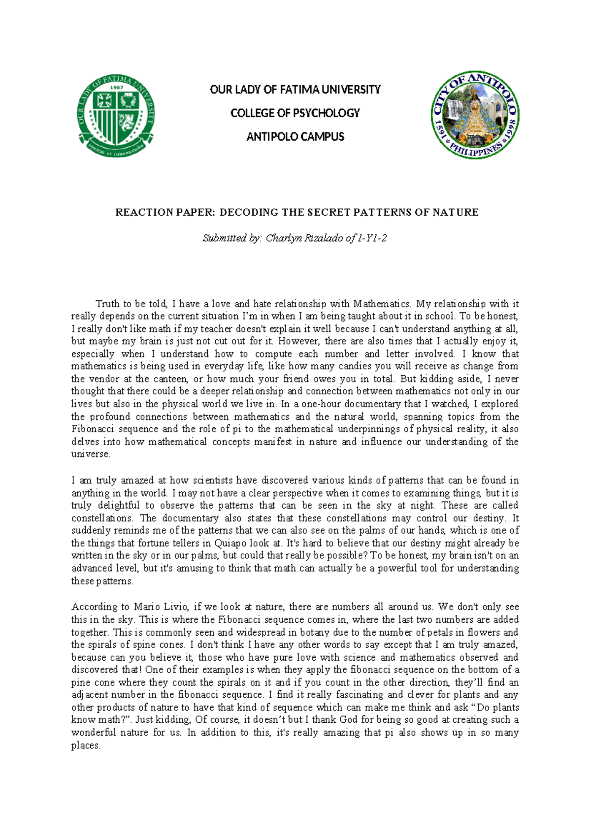 Reaction Paper (MATMM) - REACTION PAPER: DECODING THE SECRET PATTERNS OF NATURE Submitted by ...