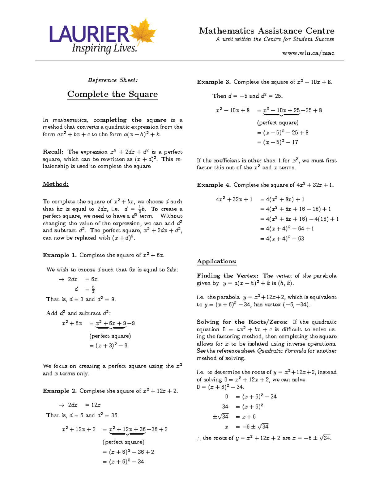 Complete The Square Ma102 MA102 WLU StuDocu