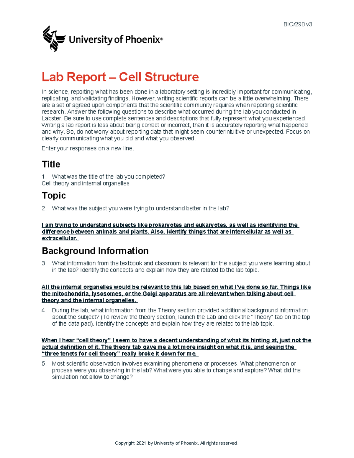 Bio290 v3 wk2 the cell structure lab report - BIO/290 v Lab Report ...