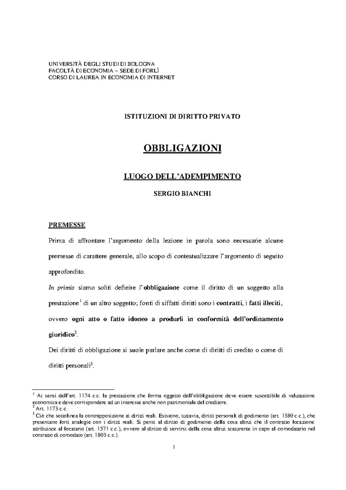 Luogo adempimento contrattuale - UNIVERSITÀ DEGLI STUFACOLTÀ DI ...