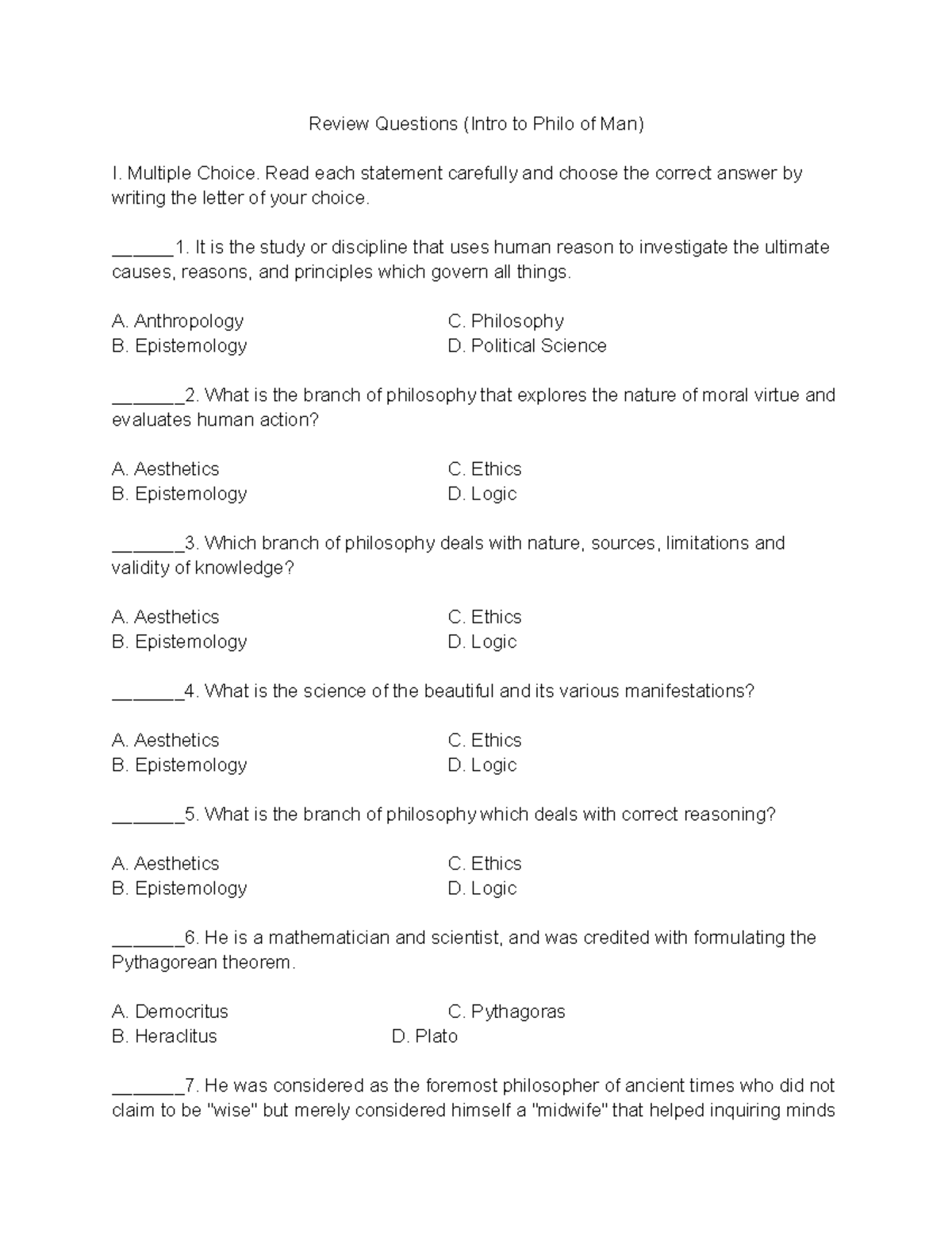 Intro to Philo Reviewer - Review Questions (Intro to Philo of Man) I ...