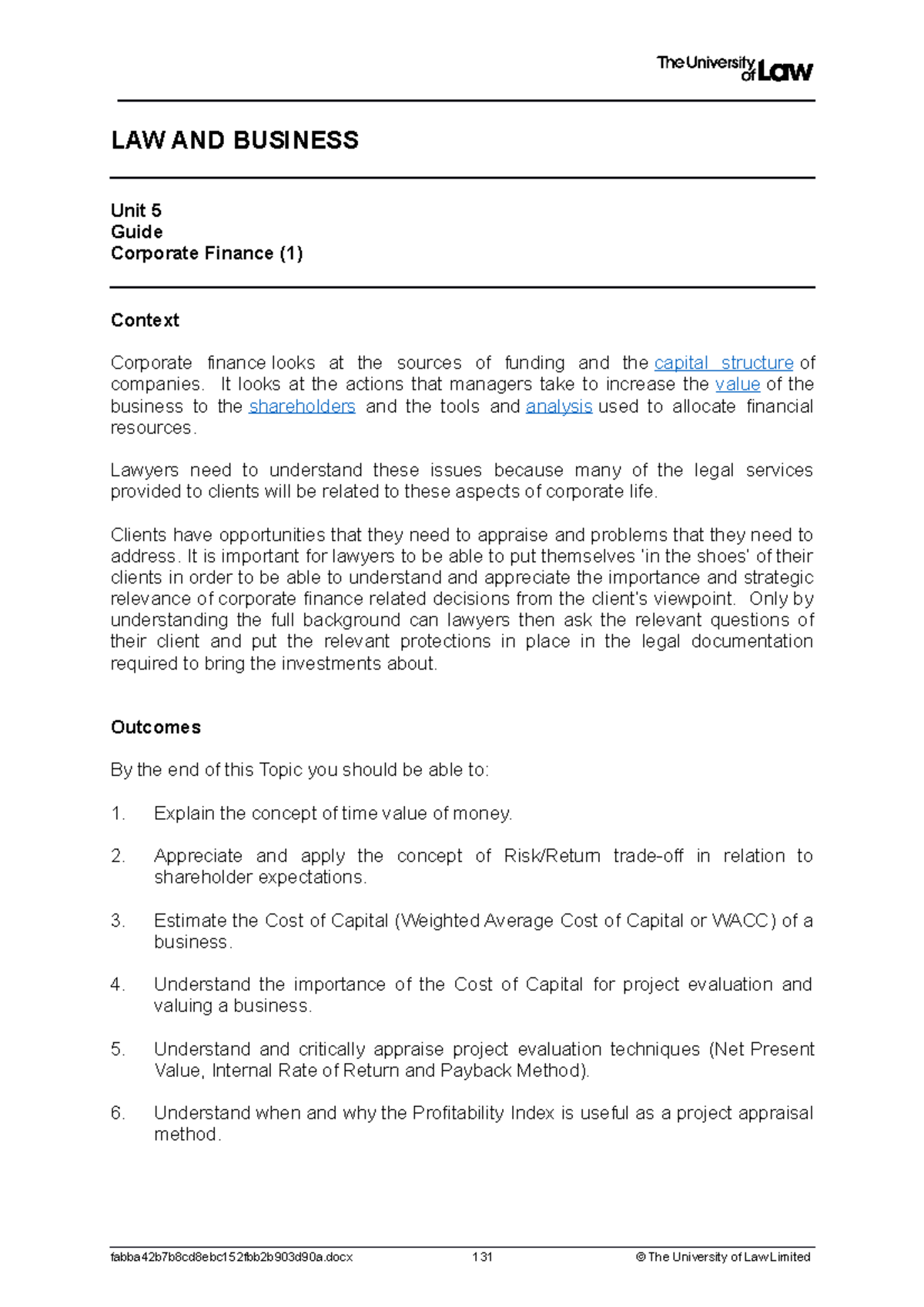 Ws 5. Corp Finanace 1 - LAW AND BUSINESS Unit 5 Guide Corporate Finance ...