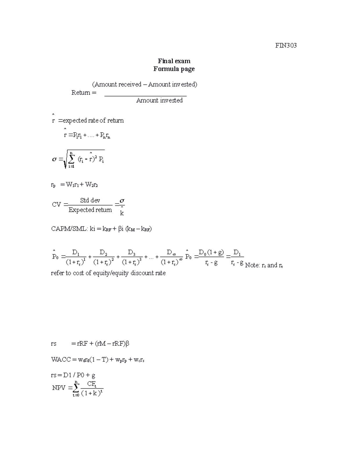 FIN303 Formulas Exam 3 - FIN Final exam Formula page (Amount received ...