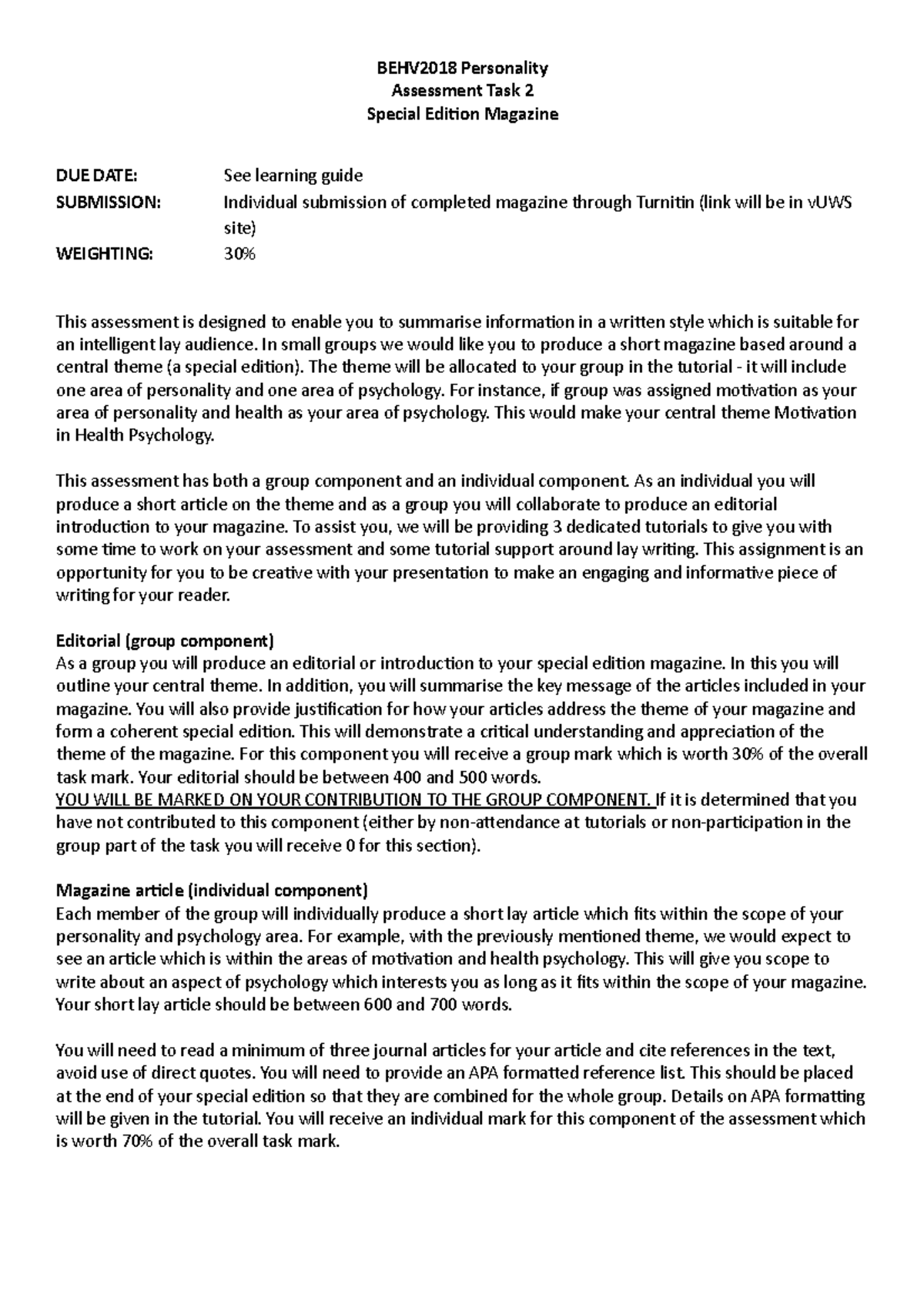 Lay Article Task Outline and Marking Guidestudent - BEHV2018 ...
