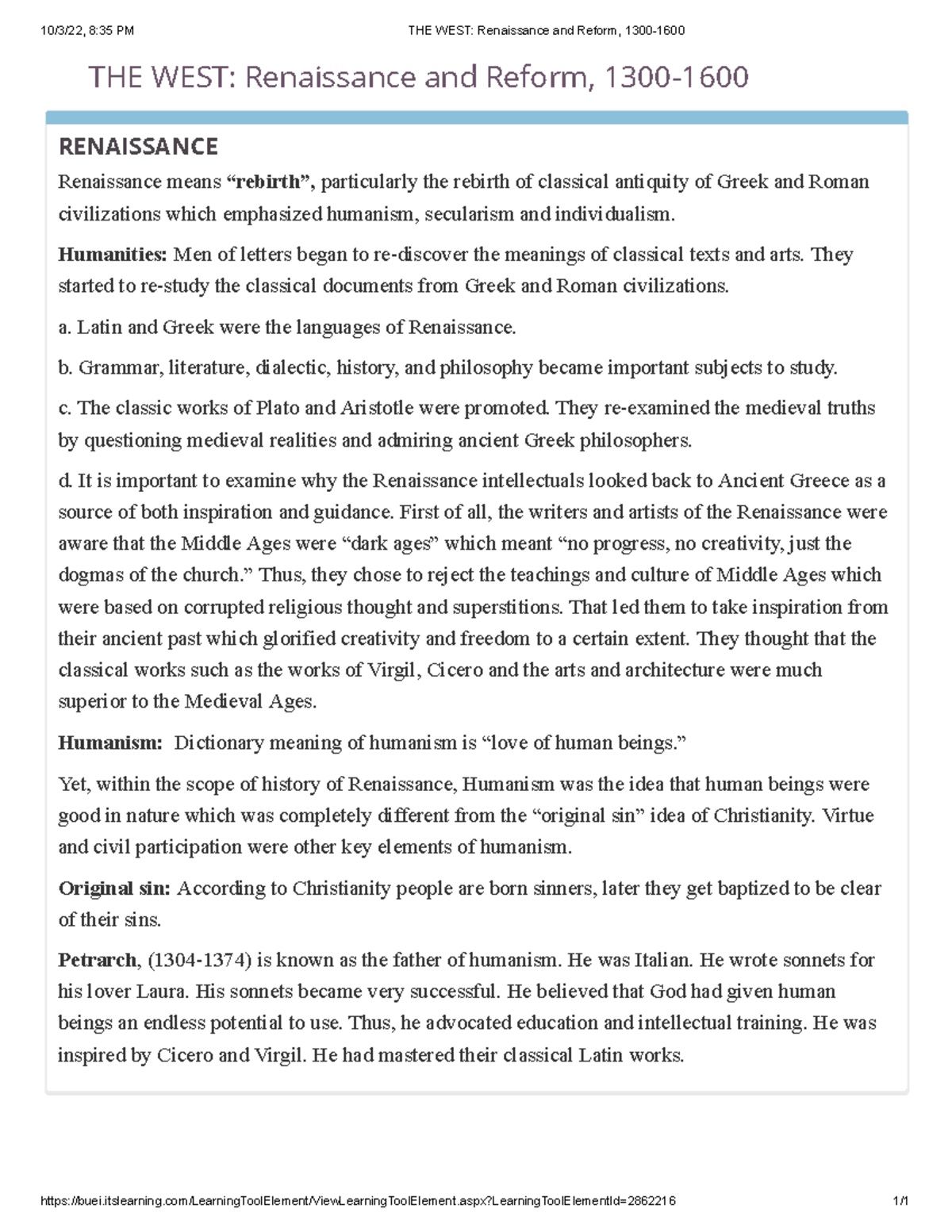THE WEST Renaissance and Reform, 1300-1600 - 10/3/22, 8:35 PM THE WEST ...