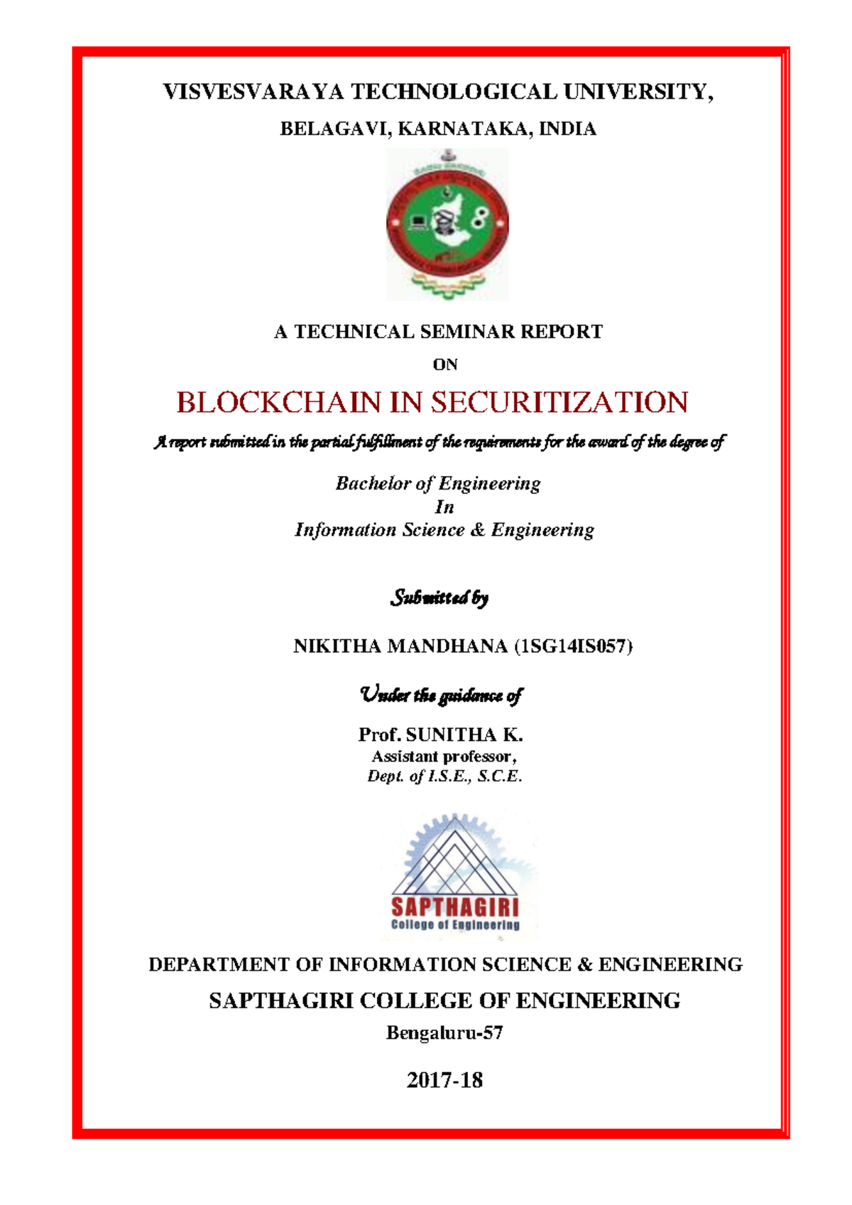 A Technical Seminar Report ON Blockchain - VISVESVARAYA TECHNOLOGICAL ...