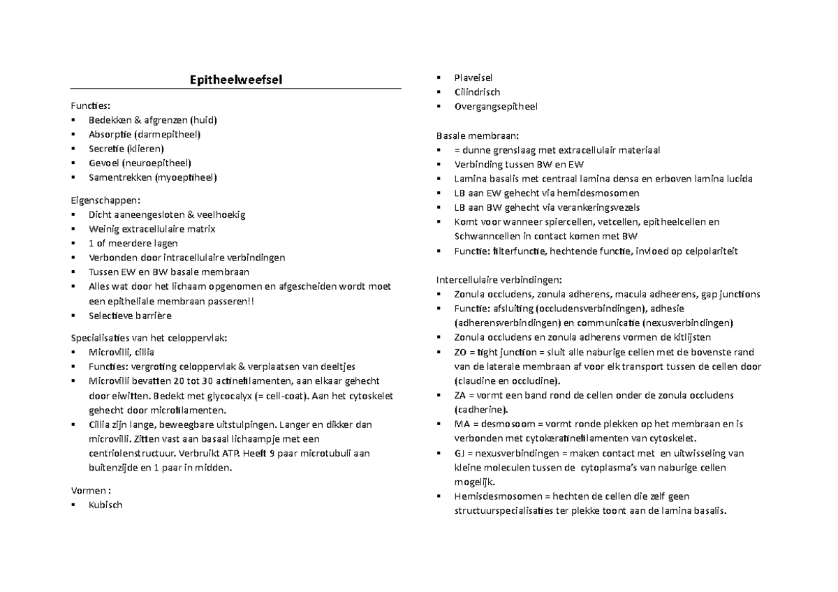 Sv weefselleer - Dit is een samenvatting van het stukje epitheelweefsel ...