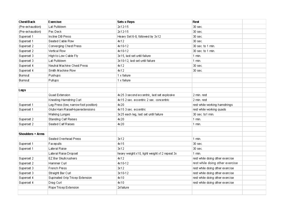 6 Week Program - Sheet 1 - We go jim - Chest/Back Exercise: Sets x Reps ...