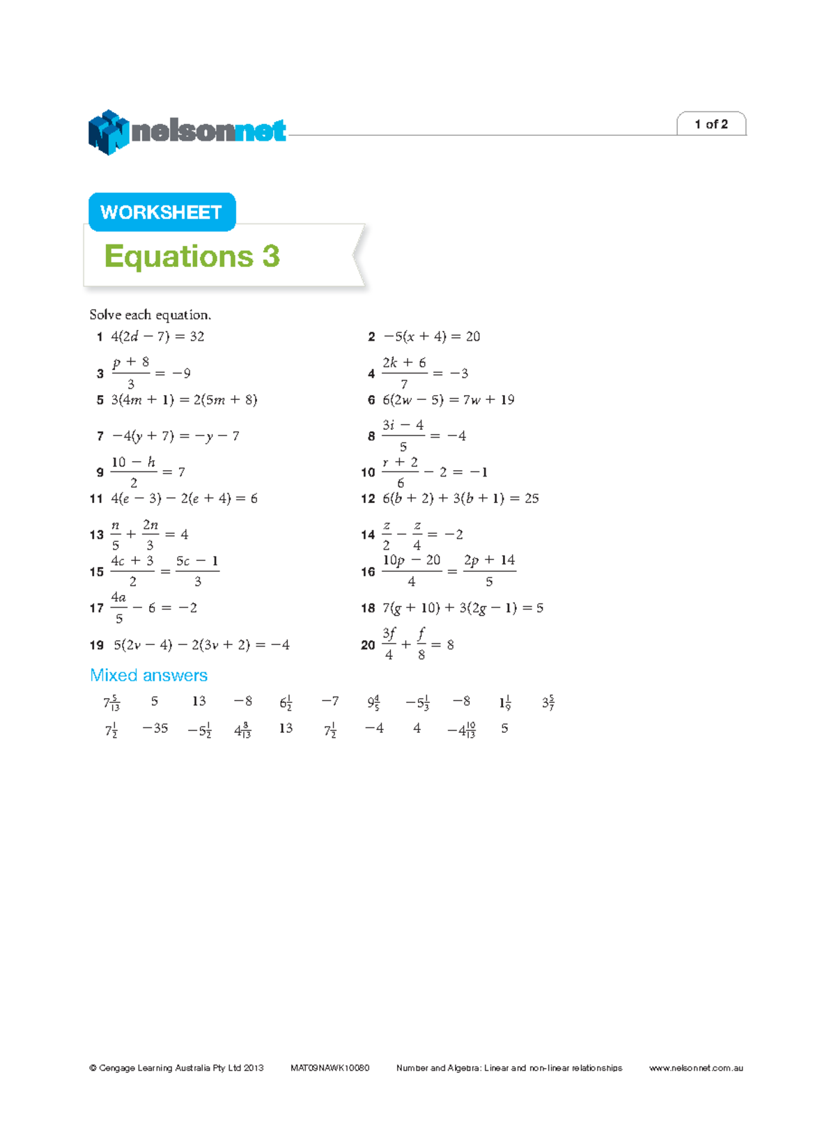 equations practice questions - © Cengage Learning Australia Pty Ltd ...