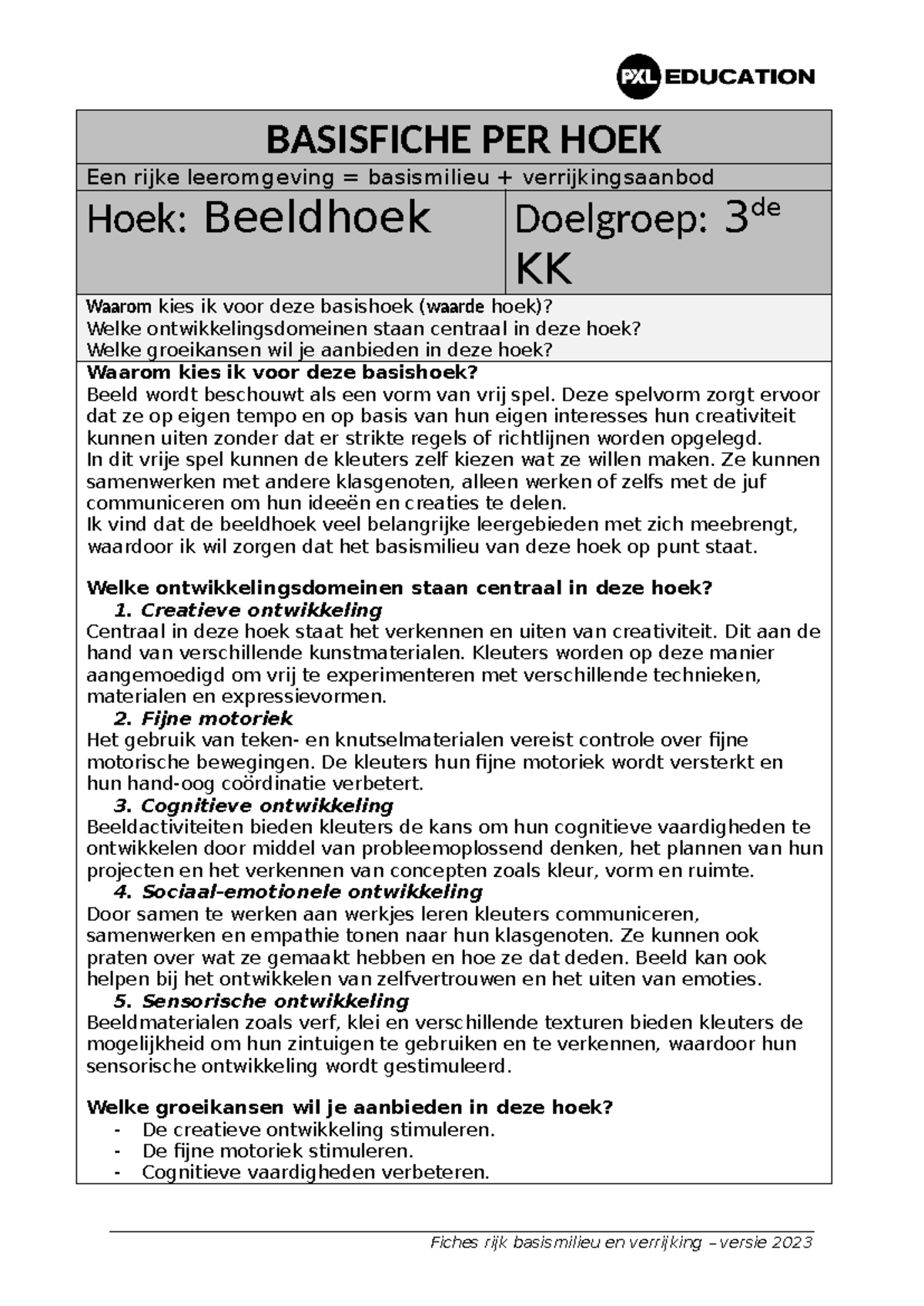 Basisfiche per hoek - beeldhoek - Een rijke leeromgeving = basismilieu ...
