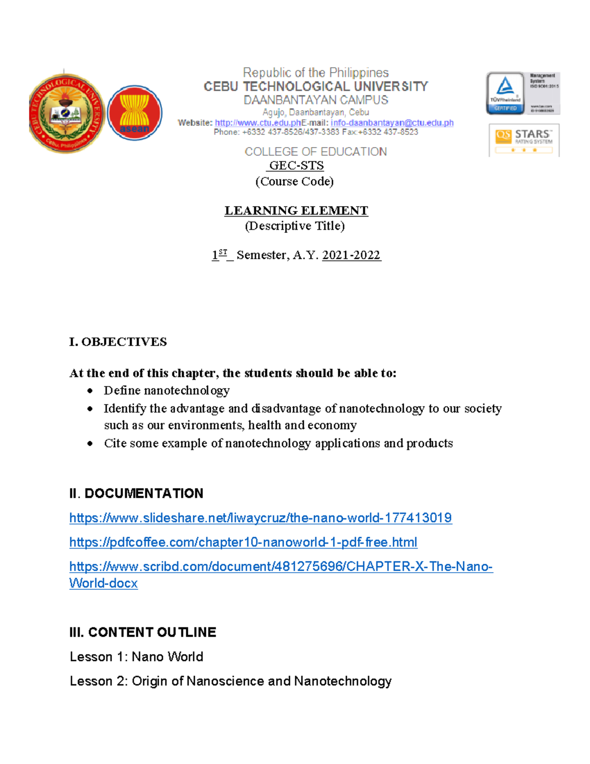 Sts - none - GEC-STS (Course Code) LEARNING ELEMENT (Descriptive Title ...