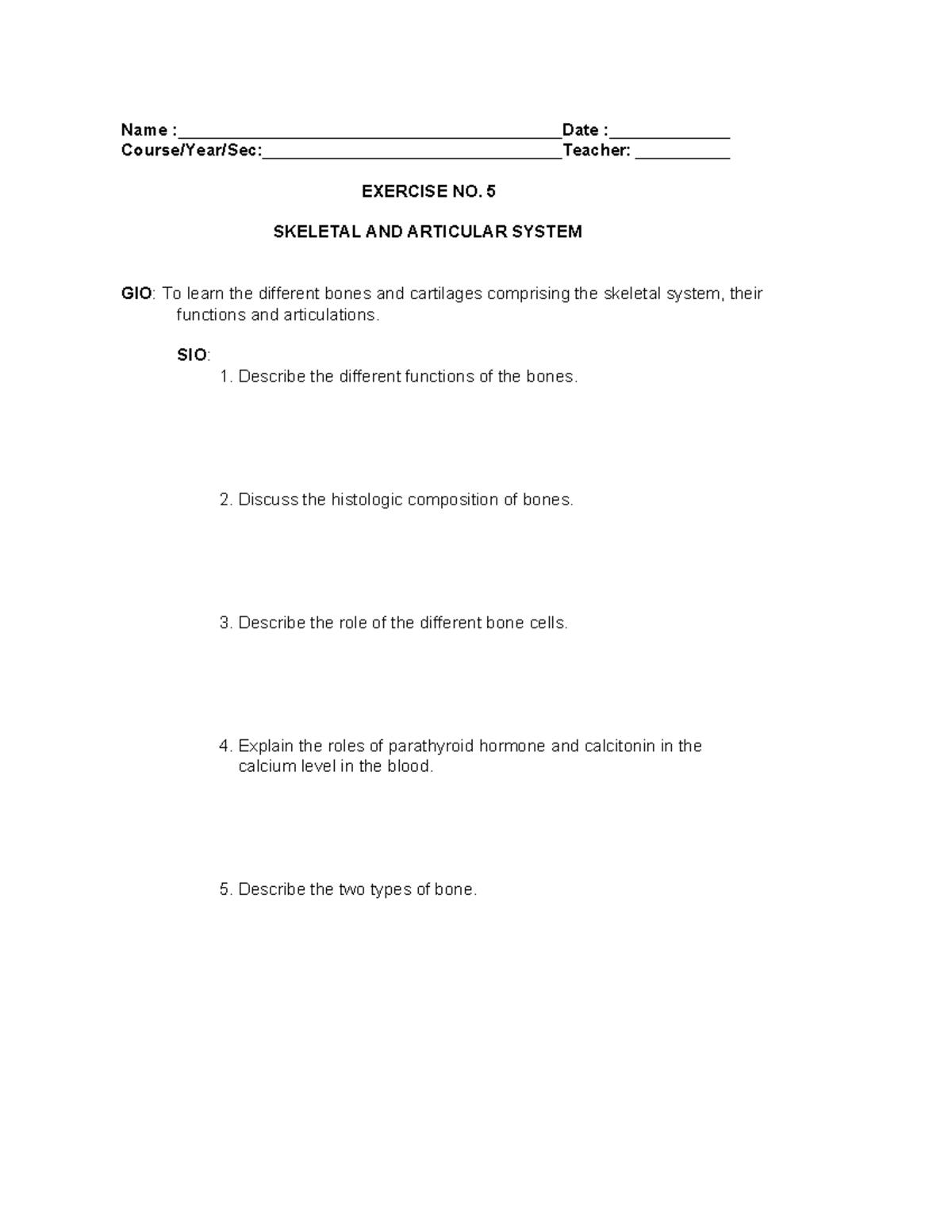 Skeletal AND Articular System - Name : Date : Course/Year/Sec: Teacher ...