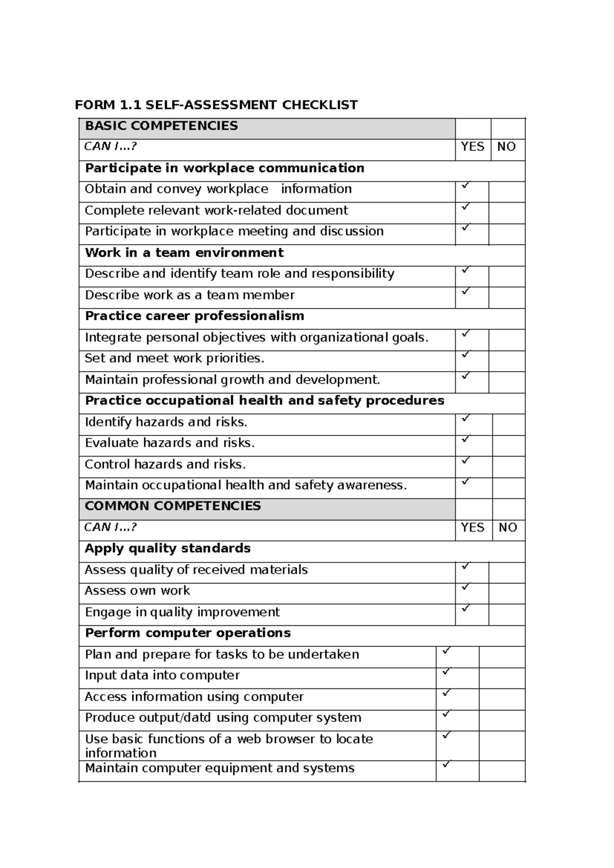 TNA Sample in CSS - FORM 1 SELF-ASSESSMENT CHECKLIST BASIC COMPETENCIES CAN I...? YES NO ...
