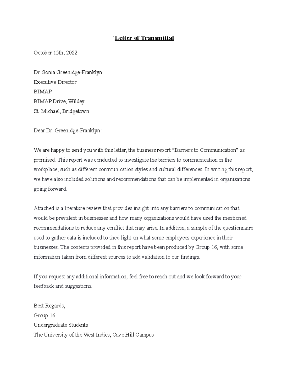 Group 16 business communication - `Letter of Transmittal October 15th ...