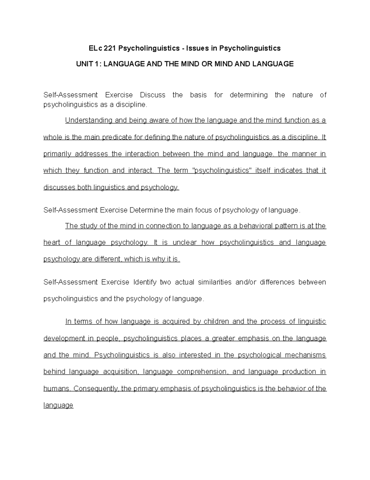 ELc 221 Psychology of language - Language and the mind or mind and ...