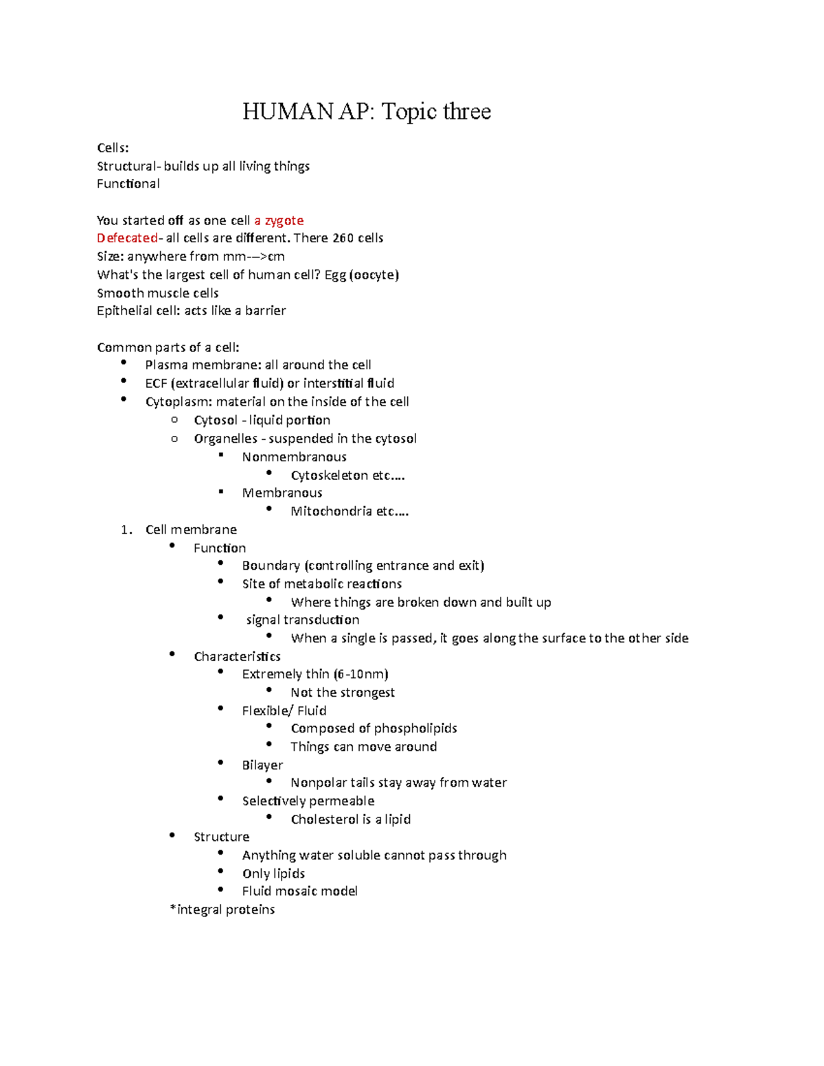 Human AP topic three lecture notes - HUMAN AP: Topic three Cells ...