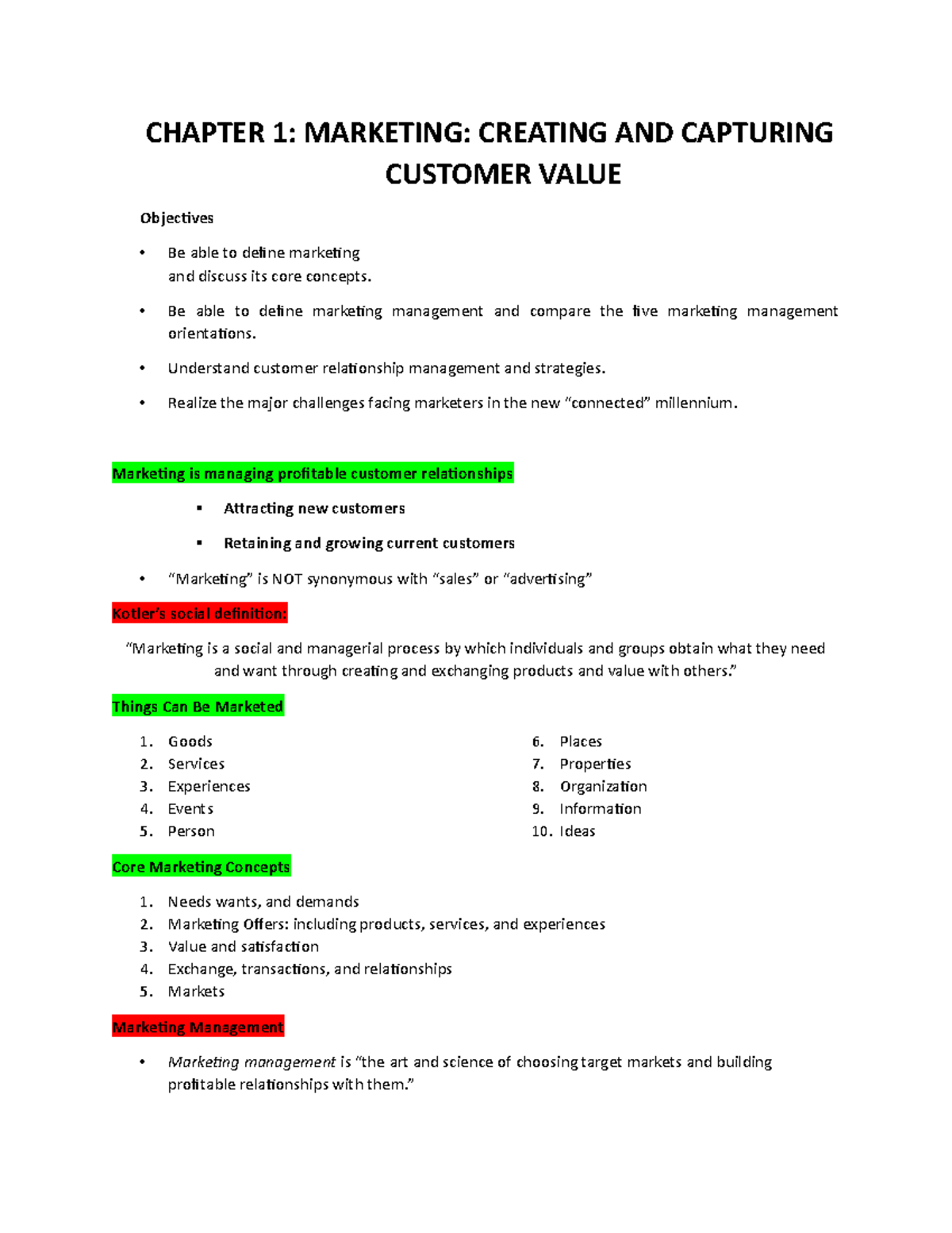 Pom-finals - SHEEEESH - CHAPTER 1: MARKETING: CREATING AND CAPTURING CUSTOMER VALUE Objectives ...