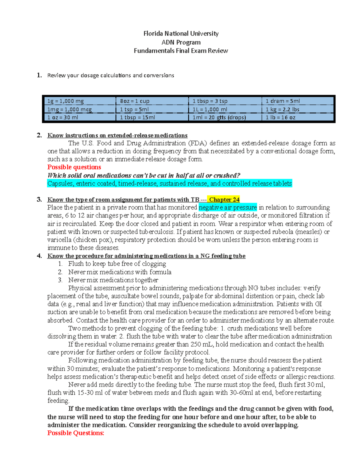 Fundamental FInal Exam Outline Review - Florida Naional University ADN ...