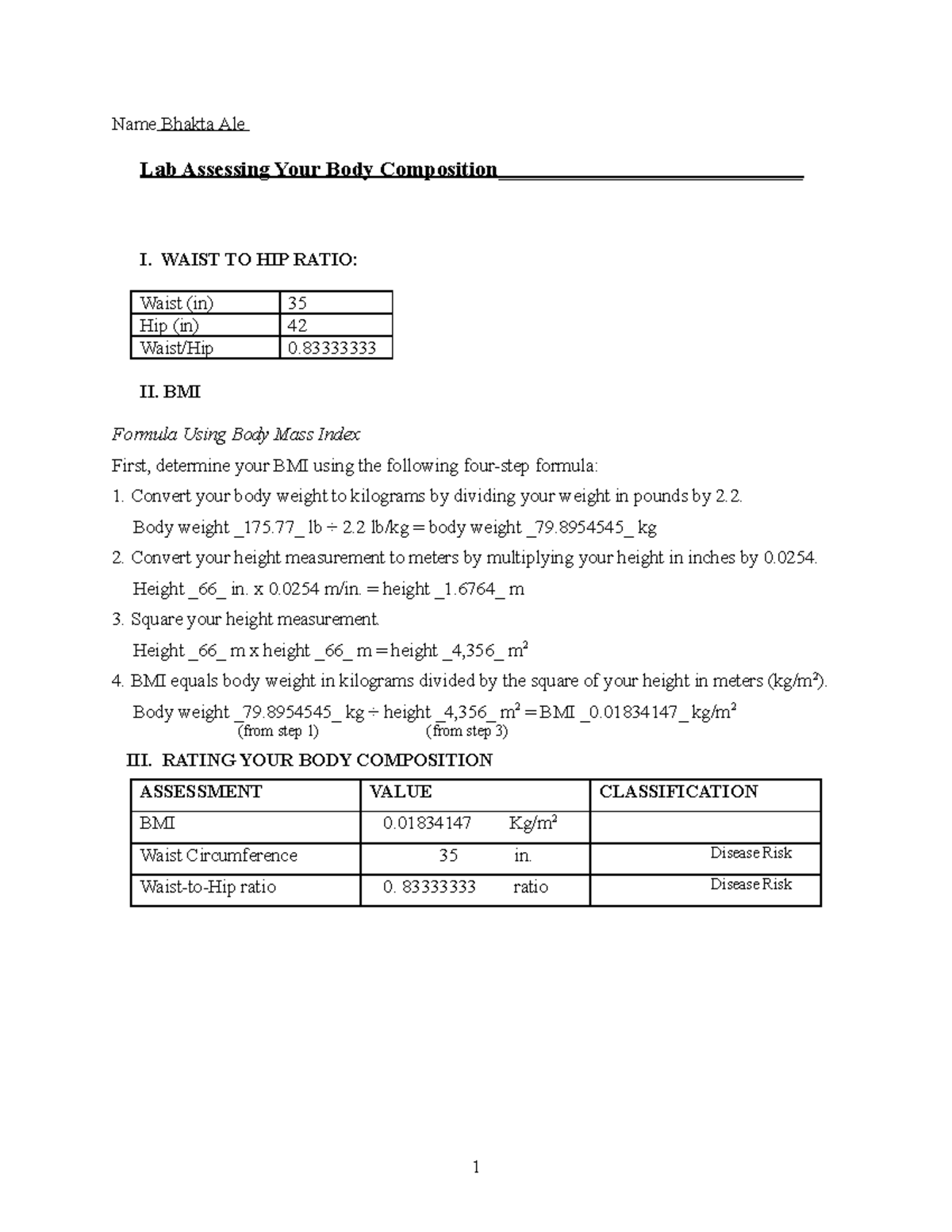 Body Composition Lab - I had to answer all questions on it. - Name ...